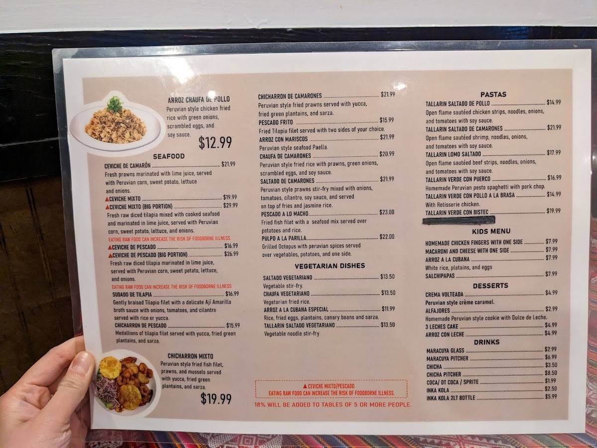 Menu at Mi Perú Peruvian Cuisine restaurant, Durham