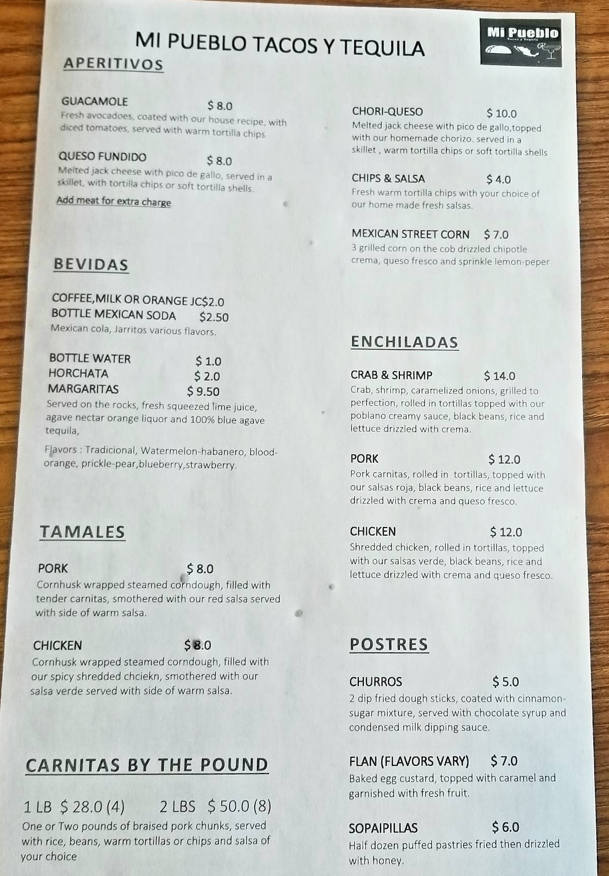 Menu at Mi Pueblo Tacos y Tequila restaurant, Biddeford, 500 Mariner Wy