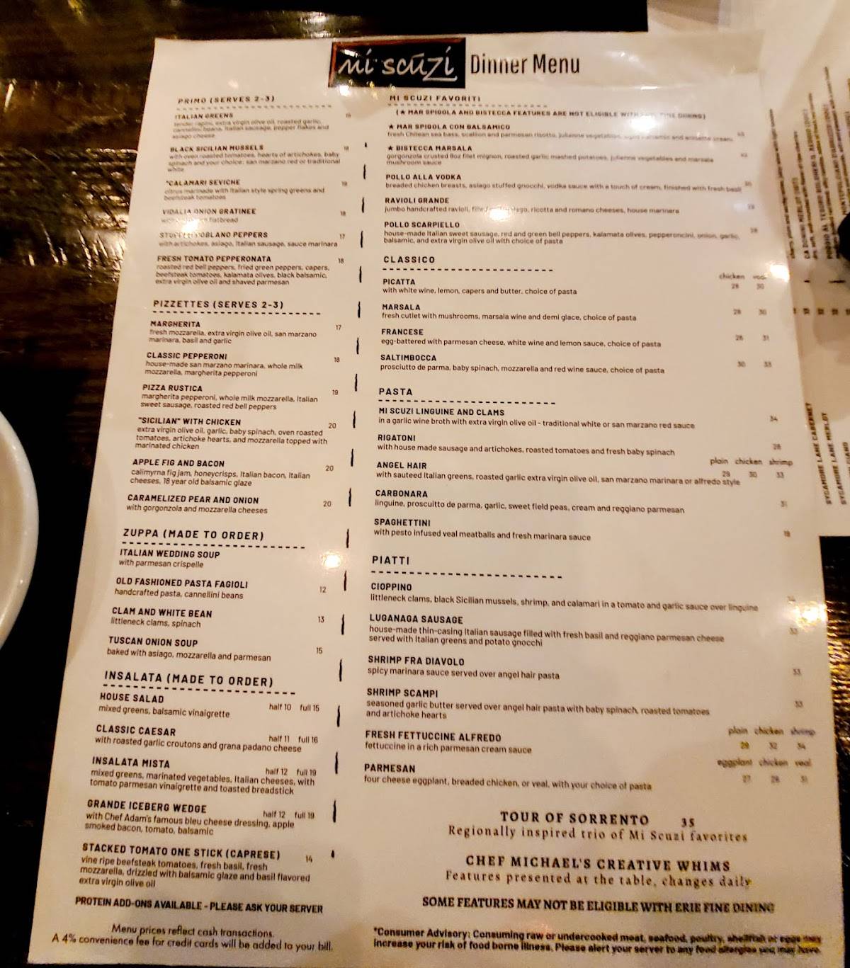 Menu at Mi Scuzi restaurant, Erie, 700 Millcreek Mall Blvd