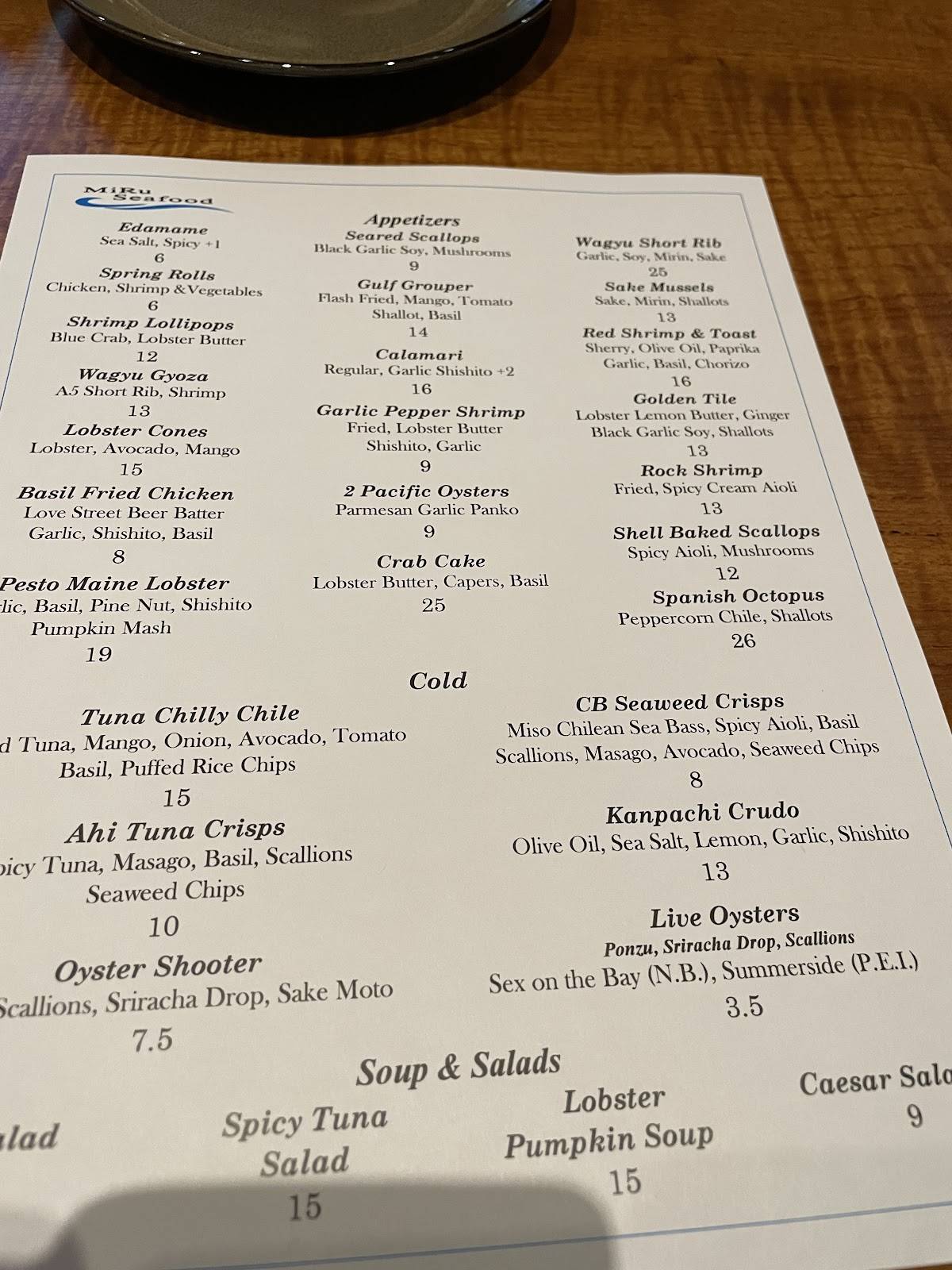 Menu at MiRu Seafood restaurant, League City