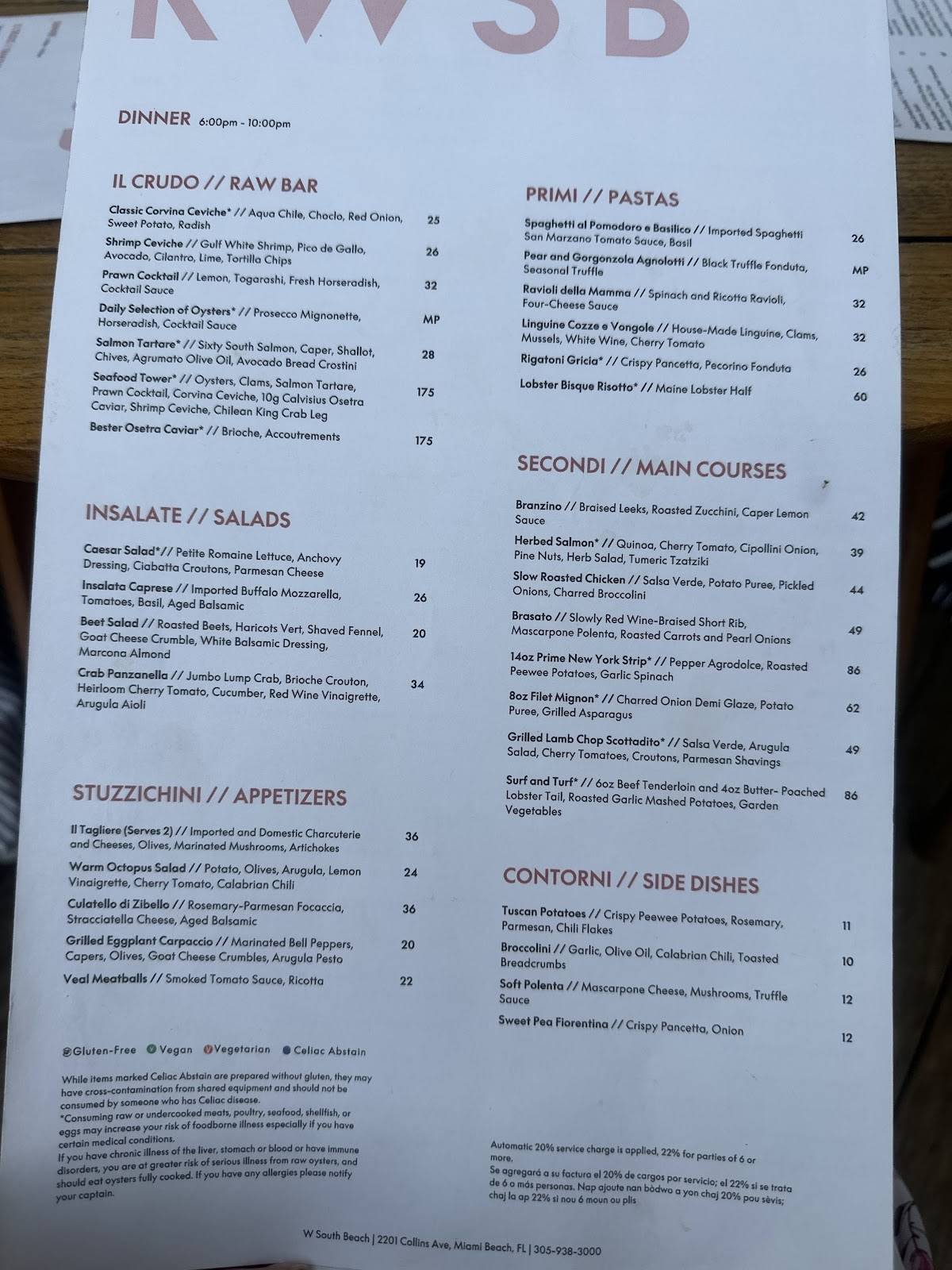 Menu at The Restaurant at W South Beach, Miami Beach