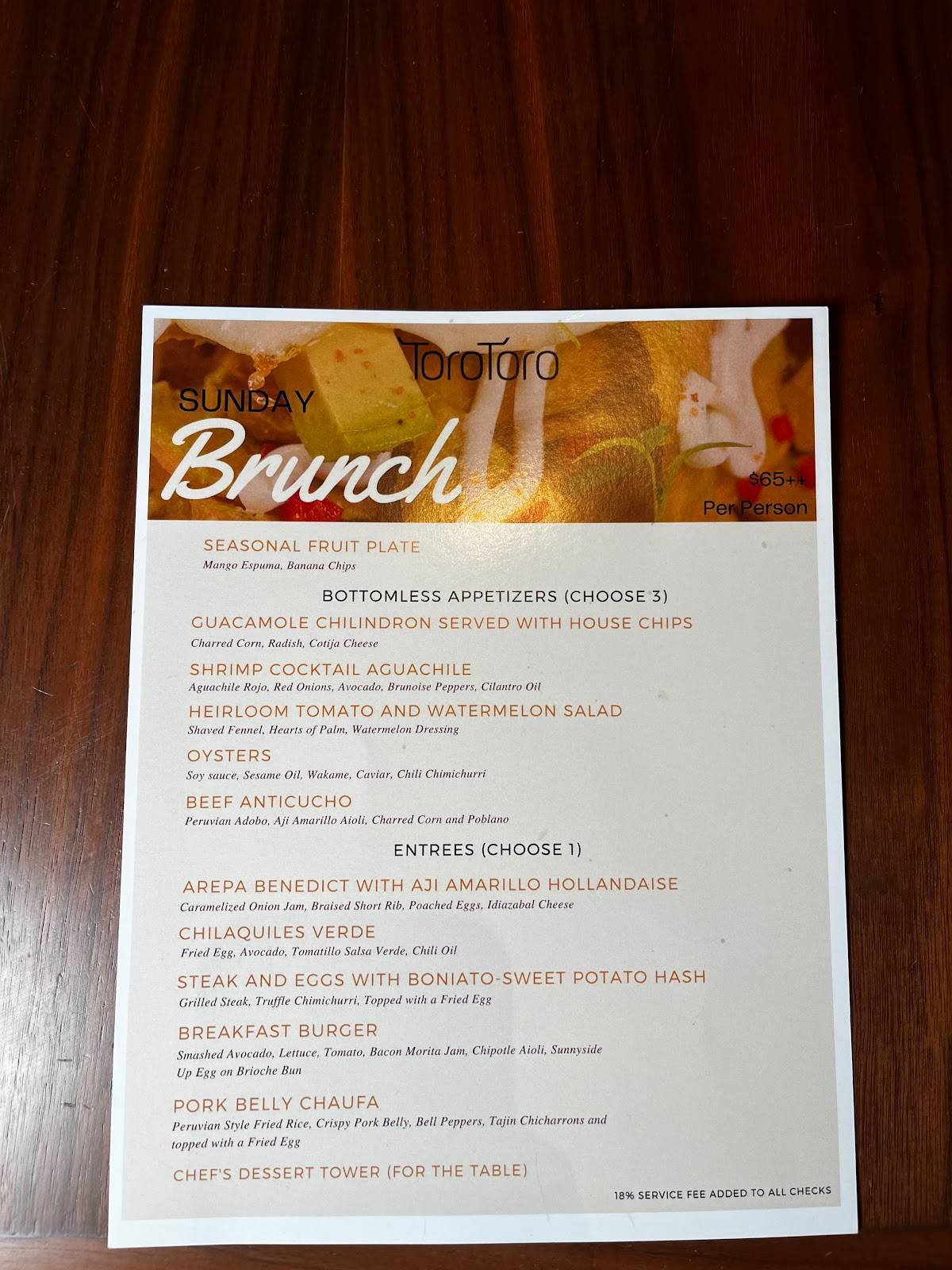 Menu at Toro Toro pub & bar, Miami, 100 Chopin Plaza