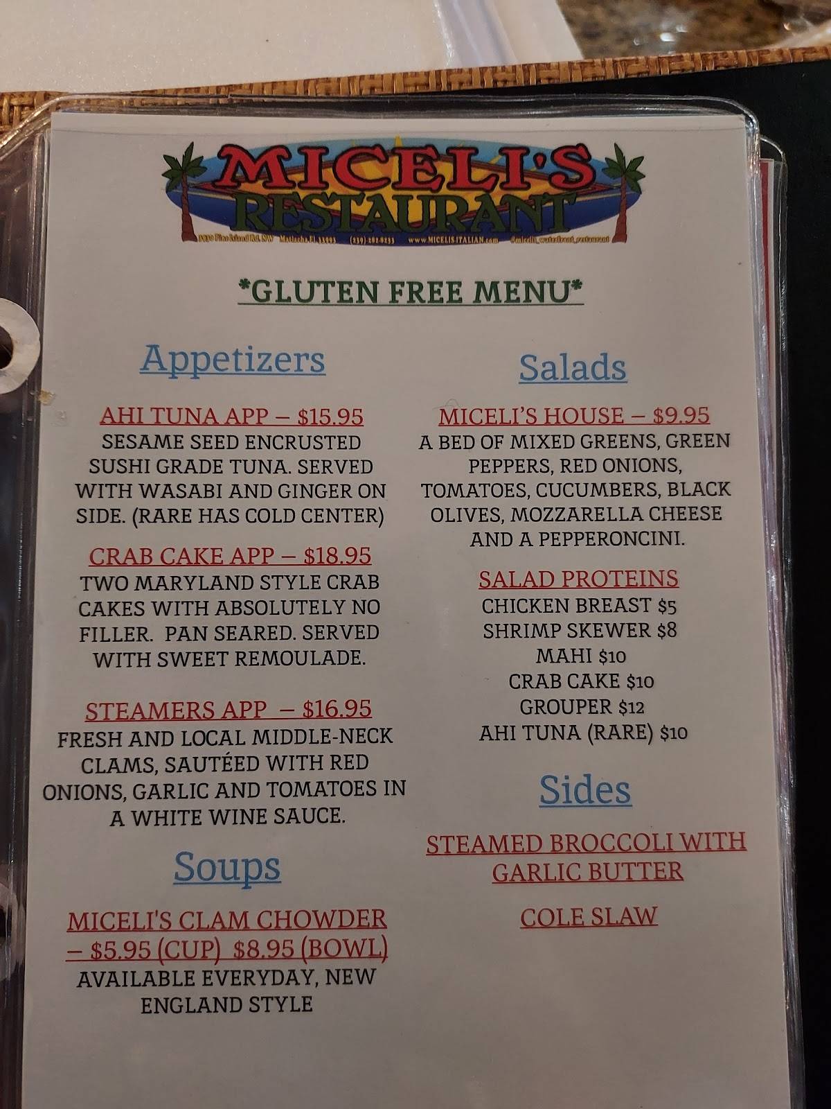 Menu at Miceli's Restaurant, Matlacha