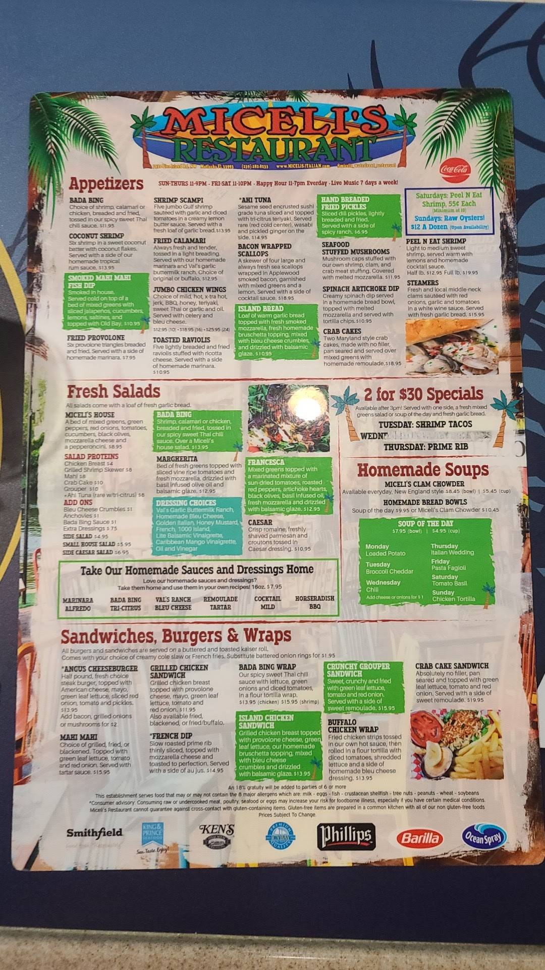 Menu at Miceli's Restaurant, Matlacha