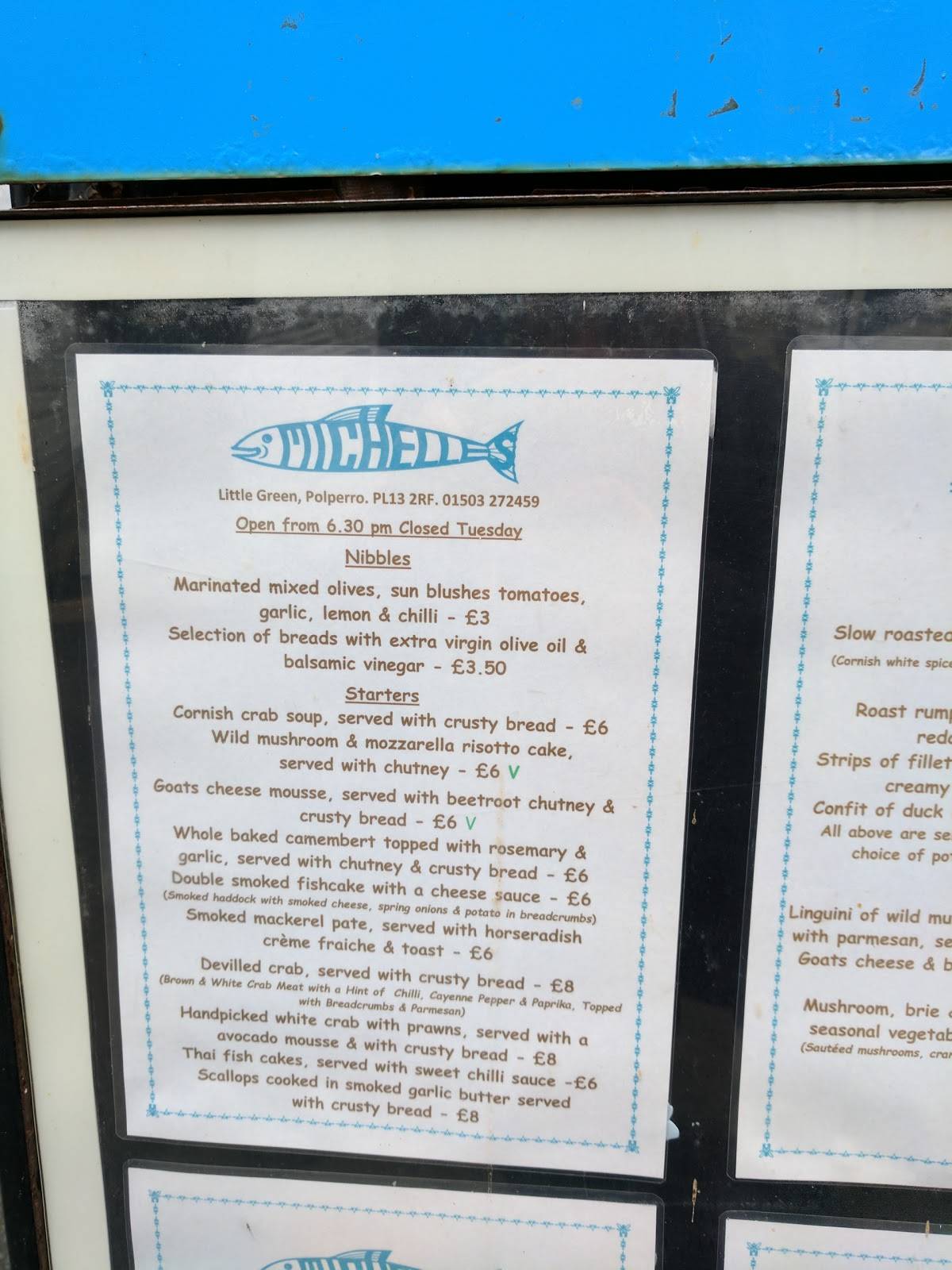 Menu at Priscilla’s Restaurant, Polperro