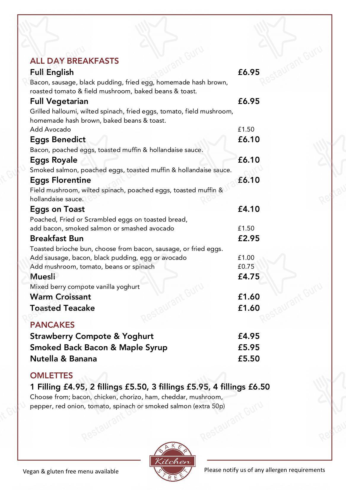 Menu at Baker Street Kitchen cafe, Middlesbrough
