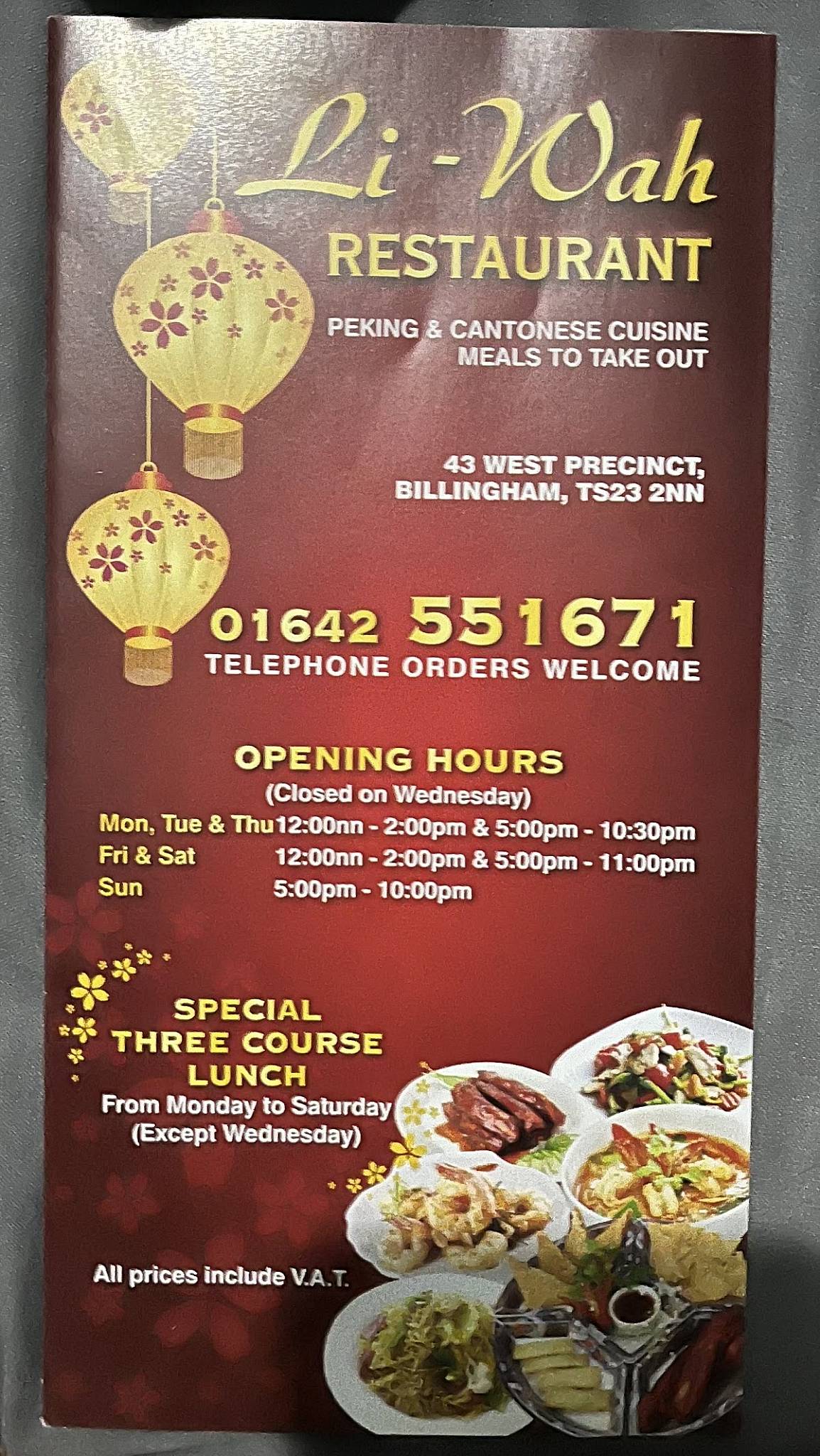 Menu at Li Wah restaurant, Billingham