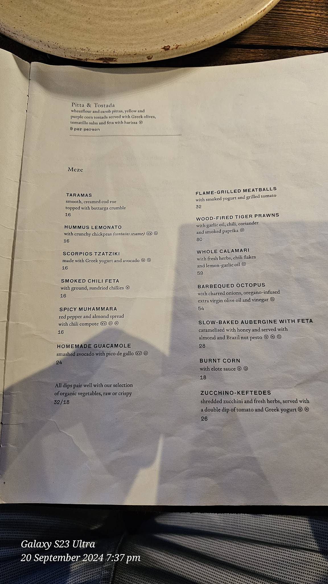 Menu at Scorpios, Mikonos
