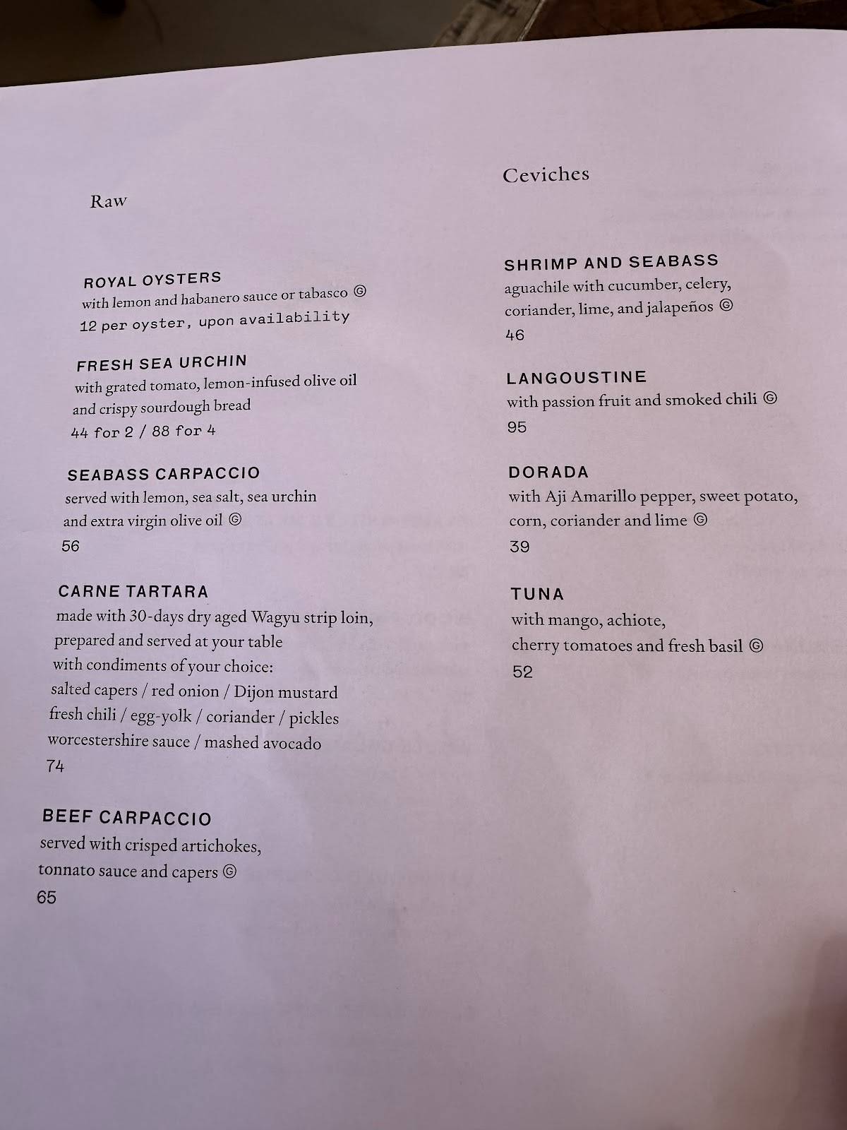 Menu at Scorpios, Mikonos