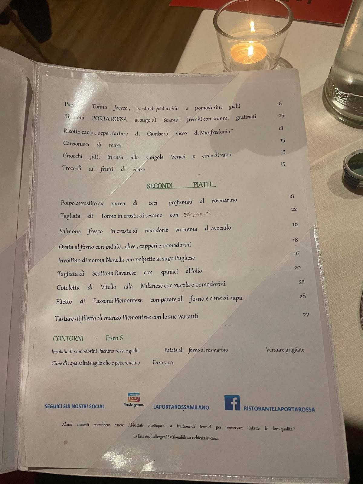 Carta del restaurante La Porta Rossa Milano, Milan