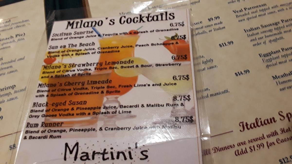 Menu at Milano's Italian Grille restaurant, Valley