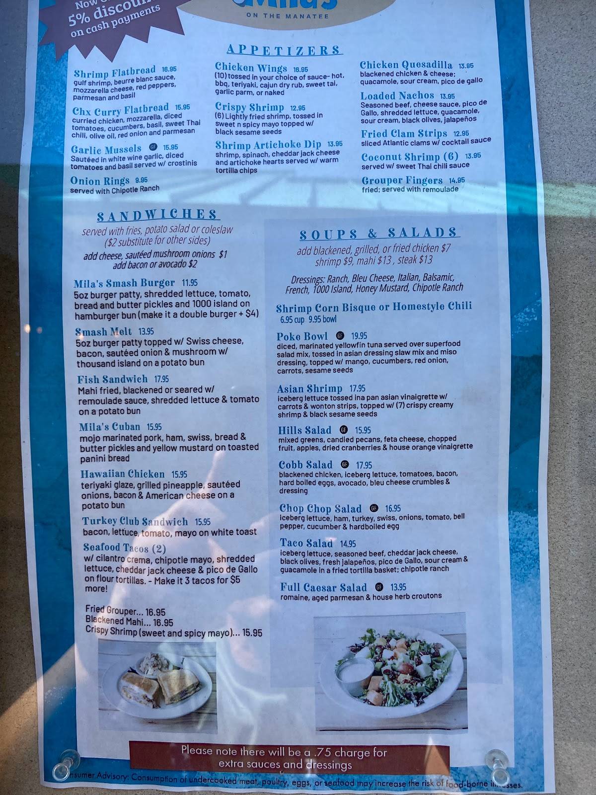 Menu at Mila’s on the Manatee restaurant, Palmetto
