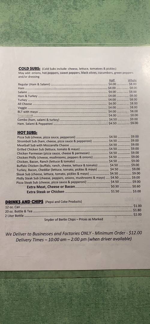 Menu at Mile Level Pizza & Sub Shop pizzeria, Bedford