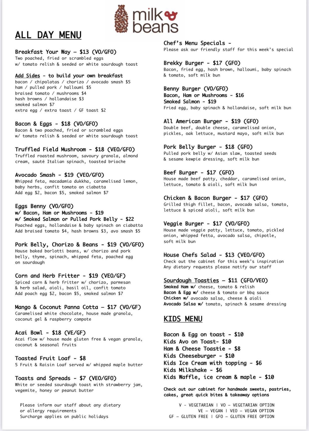Menu at Milk and Beans Coffee House, Alexandra Headland, 22/156-158 ...