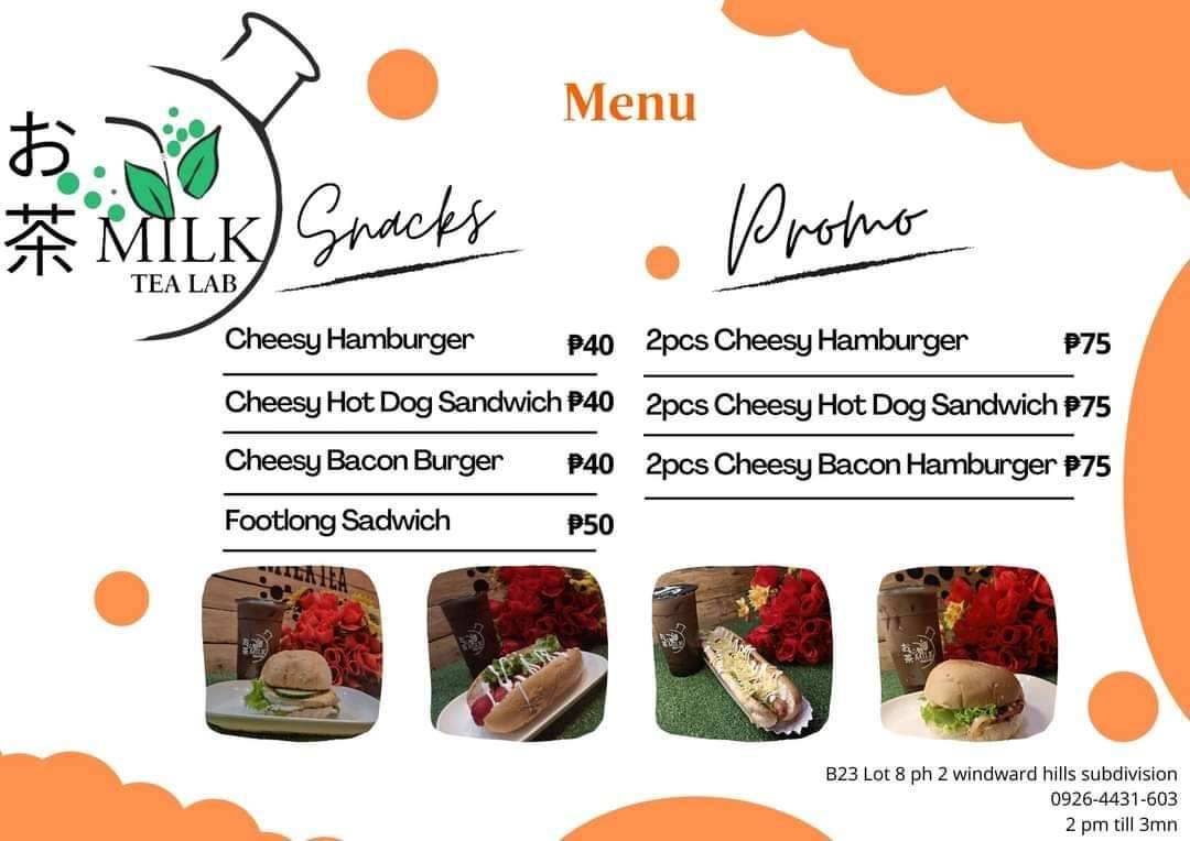 Menu at Milk tea lab cafe, Dasmariñas