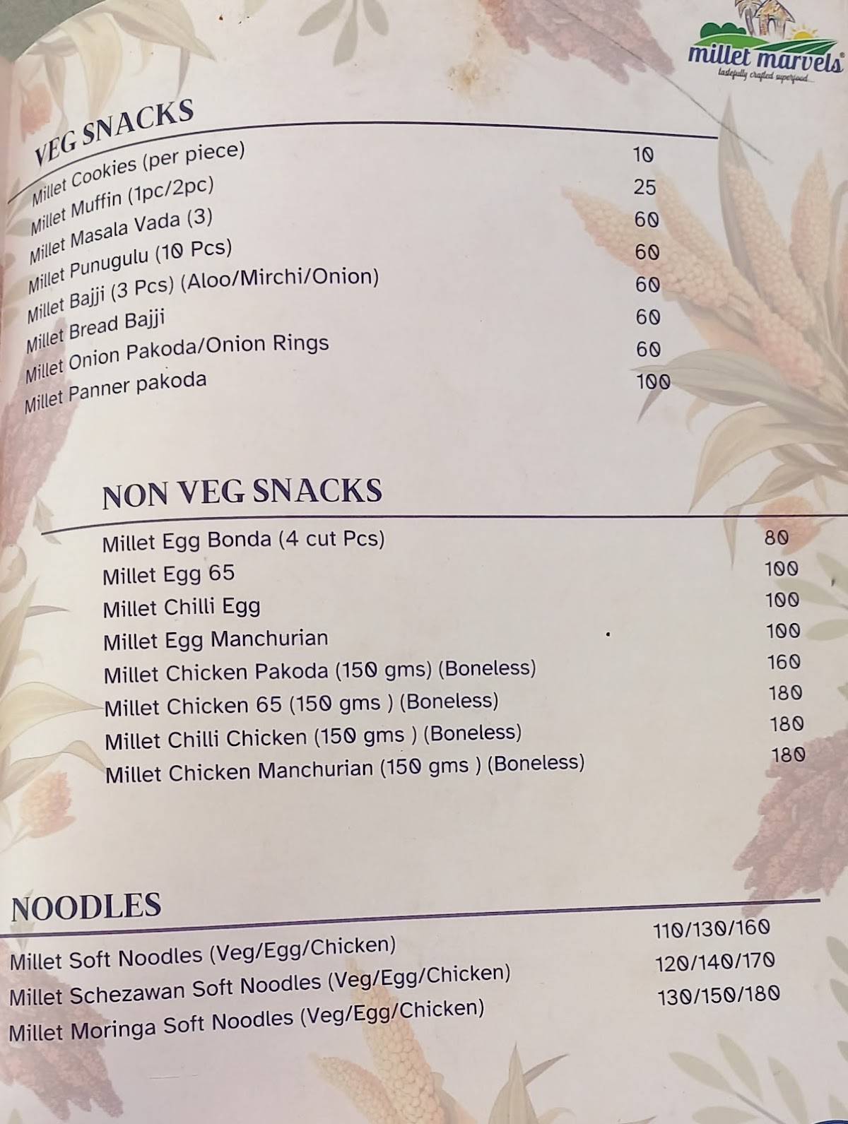 Menu at Millet marvels, Kismatpur, St.Michael's Colony