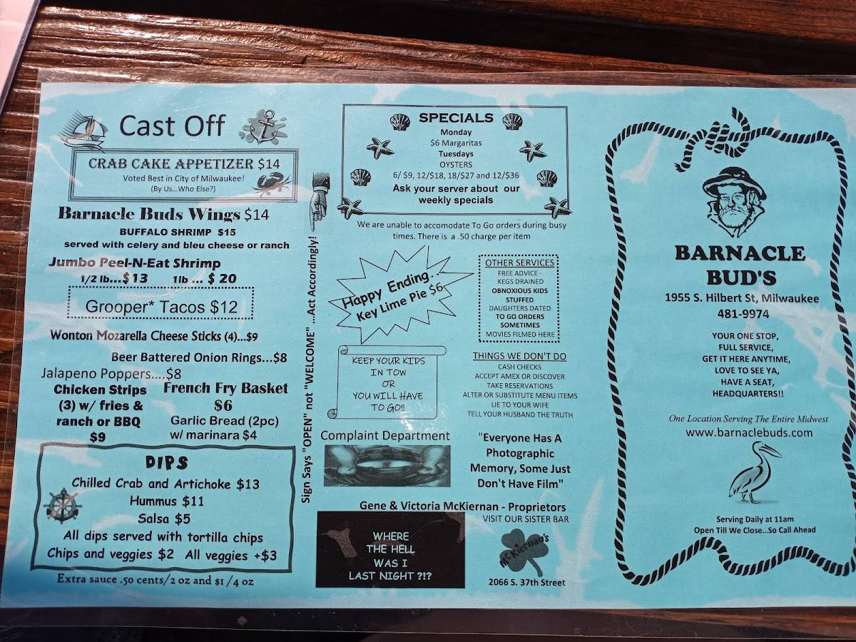 Menu at Barnacle Bud's, Milwaukee