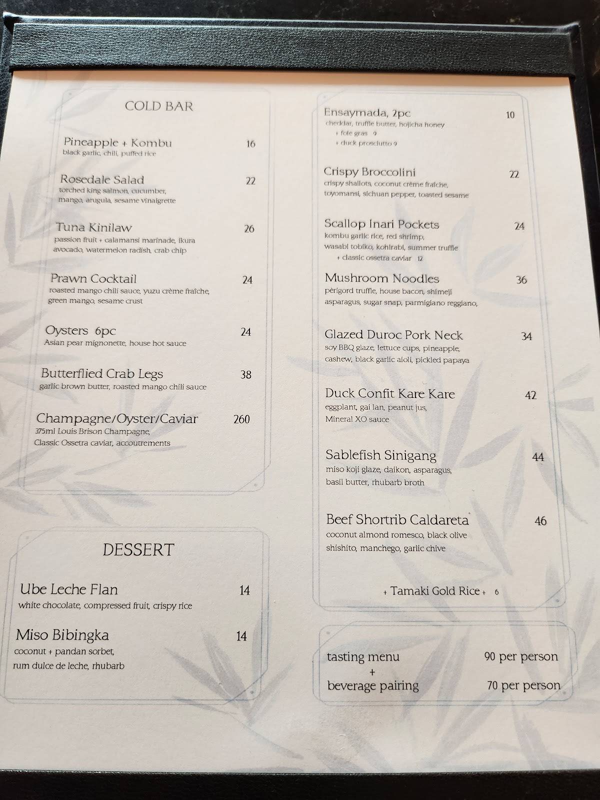 Menu at Mineral restaurant, Toronto