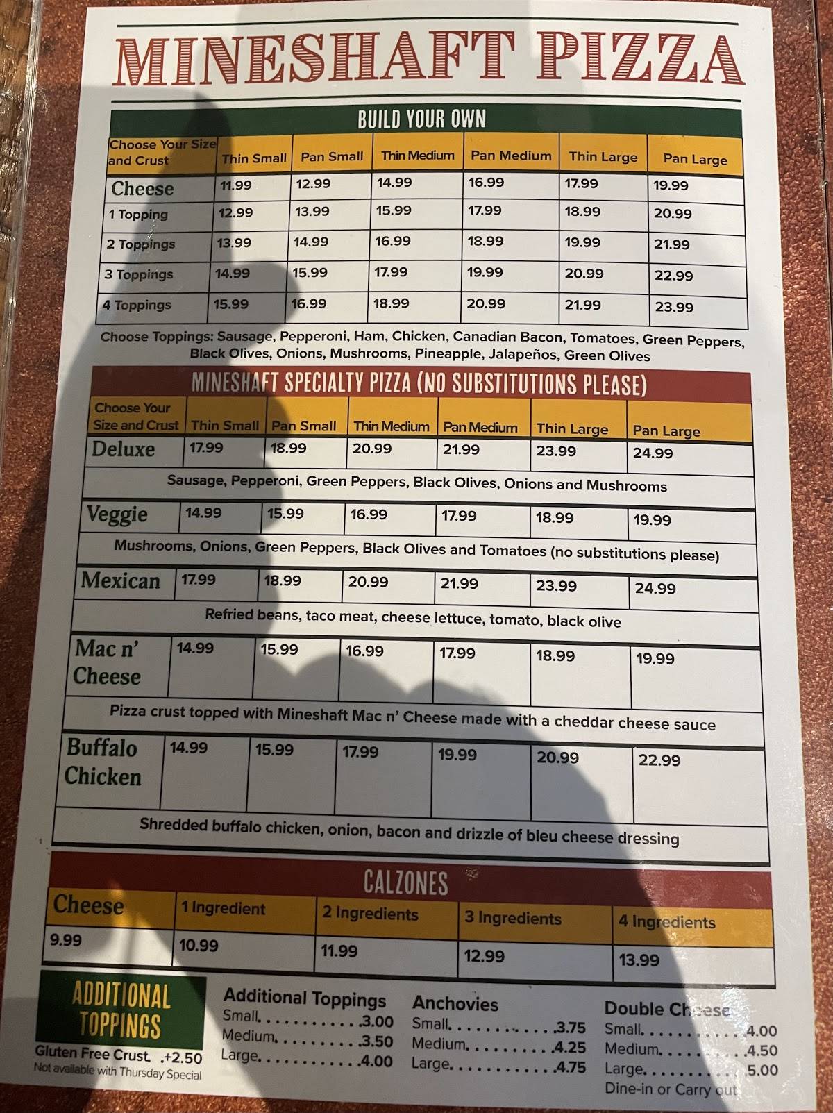 Menu at Mineshaft Oshkosh pub & bar, Oshkosh