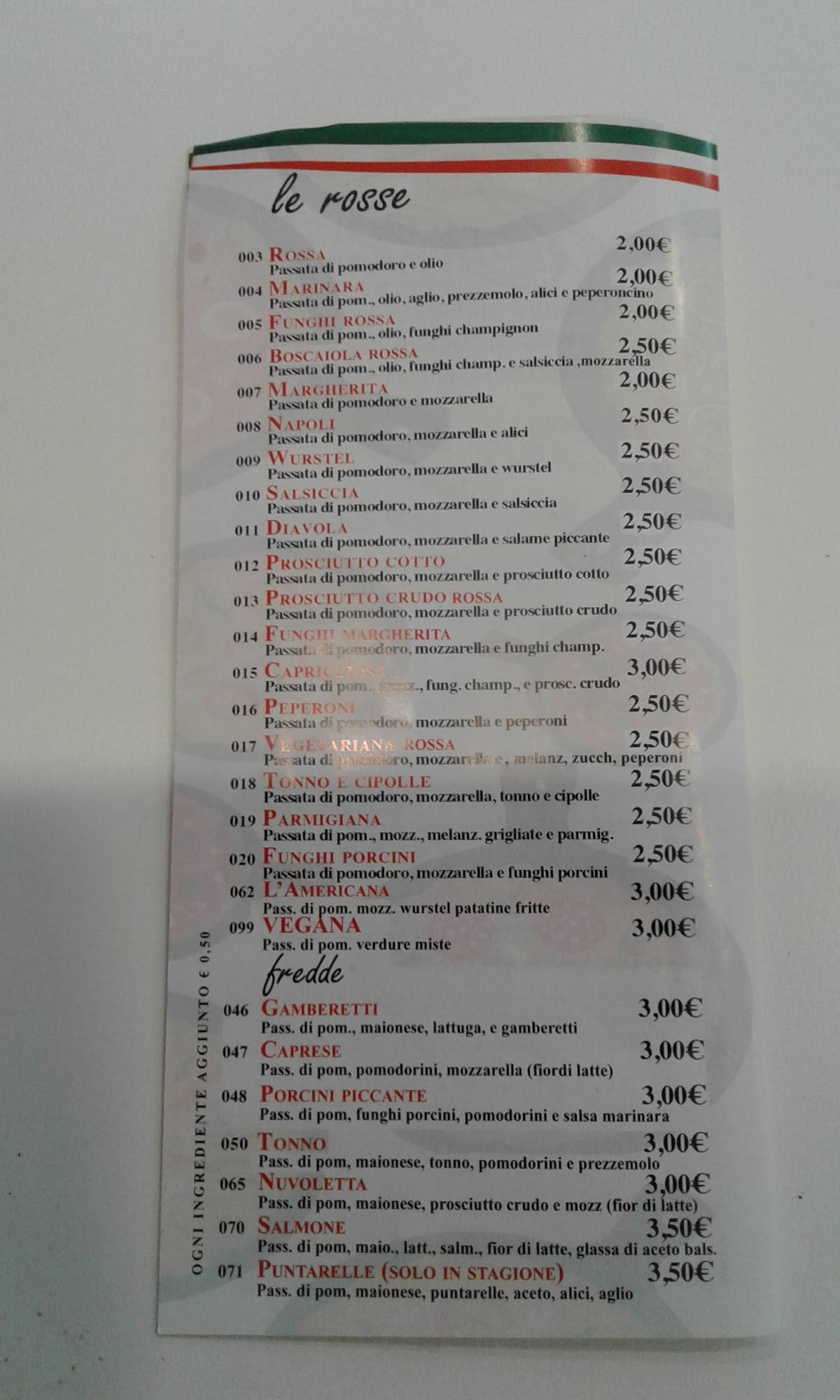 Menu at Mini Pizza restaurant, Rome, Via Enzo Benedetto