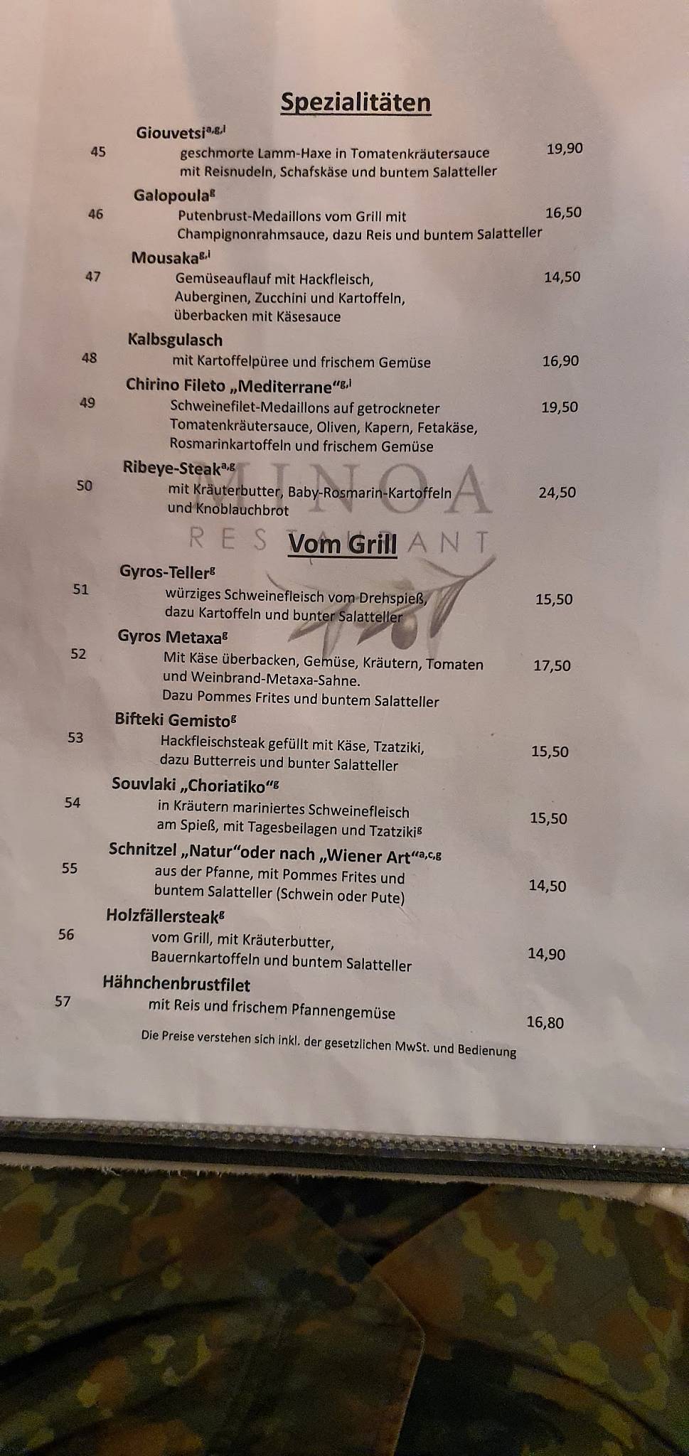 Speisekarte von Restaurant MINOA, Neubiberg, Zwergerstraße 28