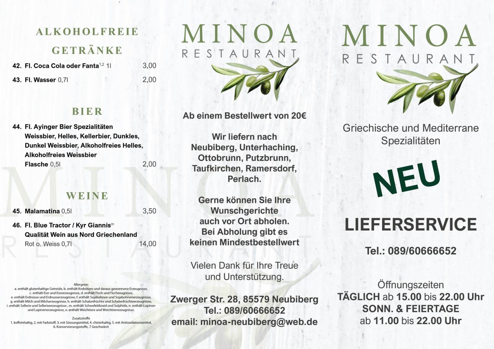 Speisekarte von Restaurant MINOA, Neubiberg, Zwergerstraße 28
