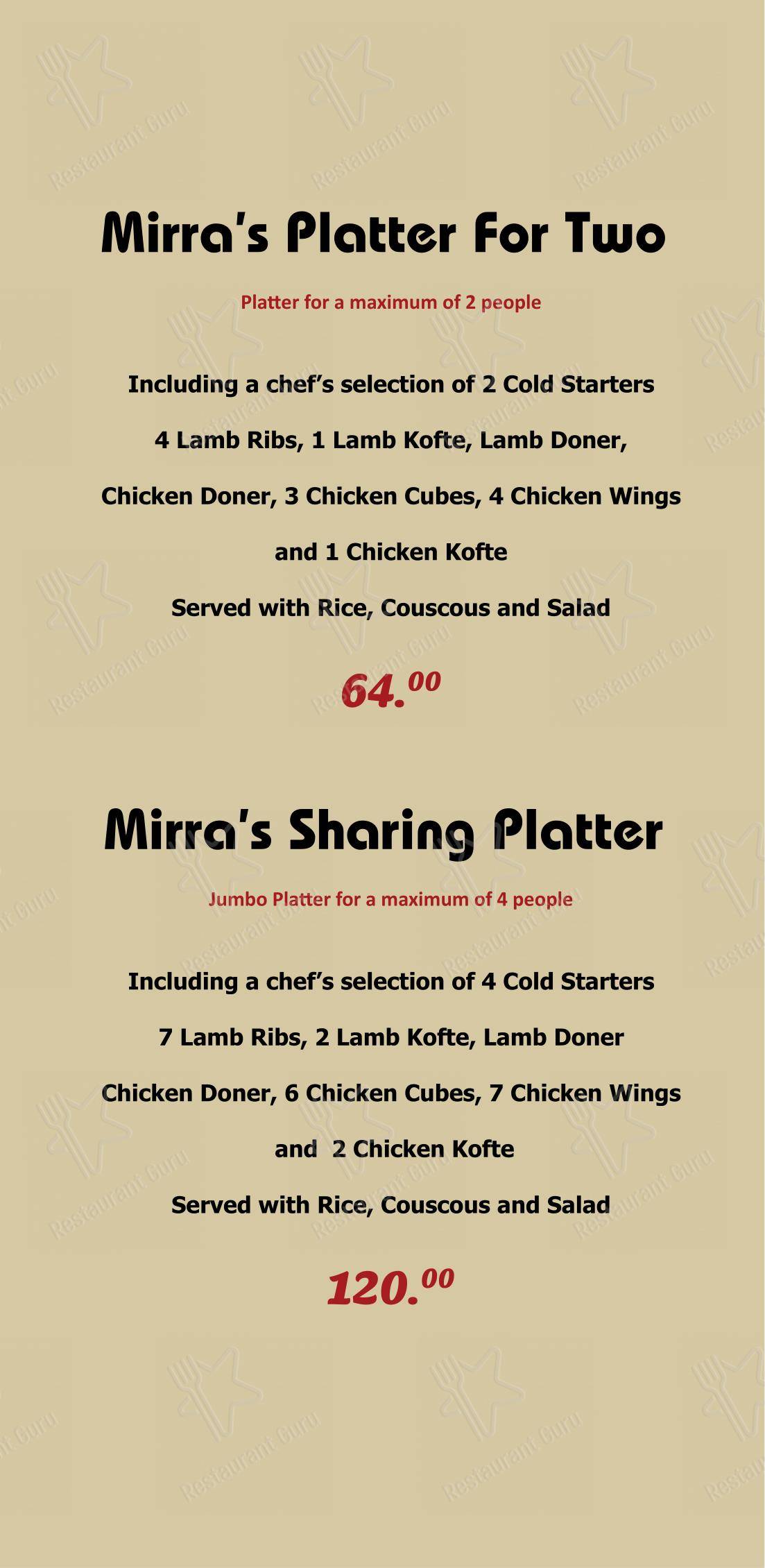 Menu at Mirra restaurant, Colchester