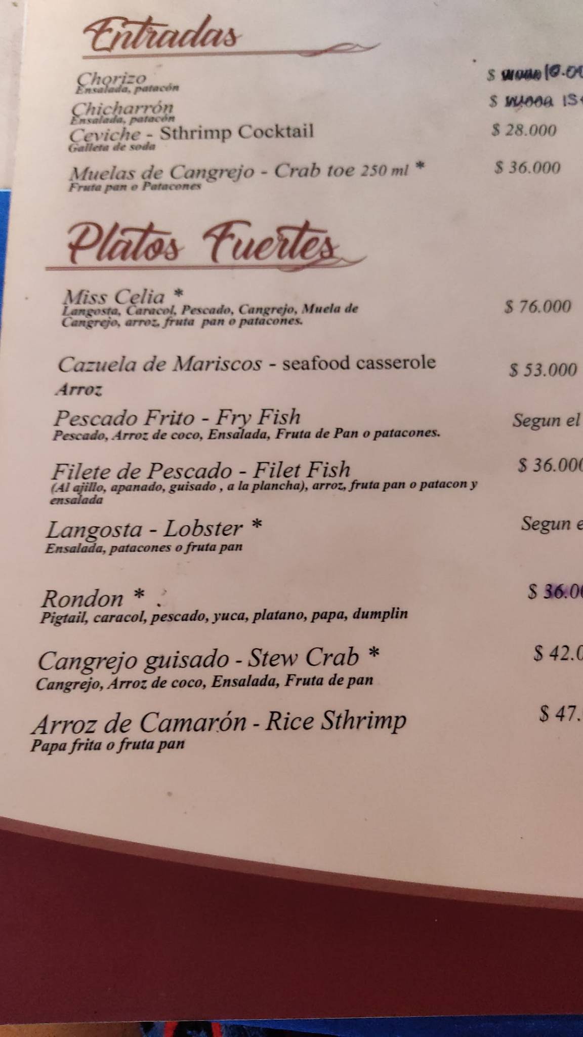 Carta de Miss Celia Restaurante, San Andrés