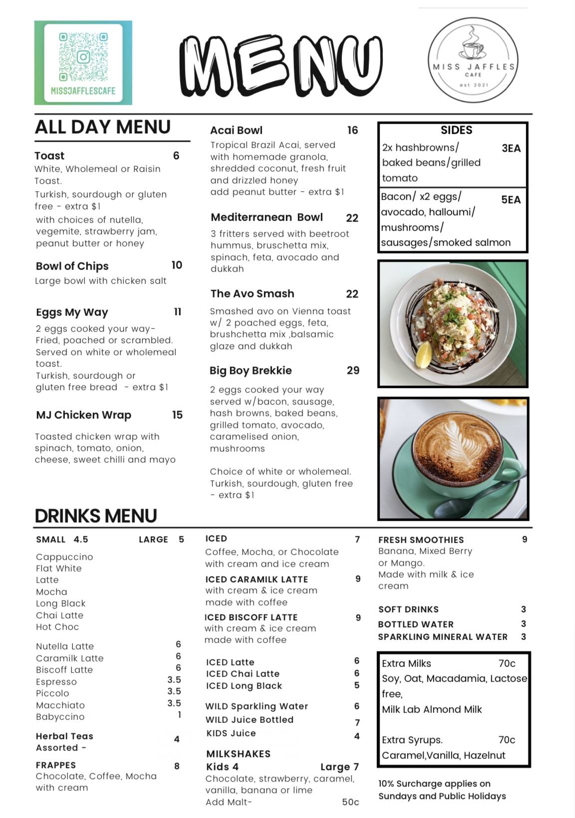 Menu at Miss Jaffles Cafe, Cronulla