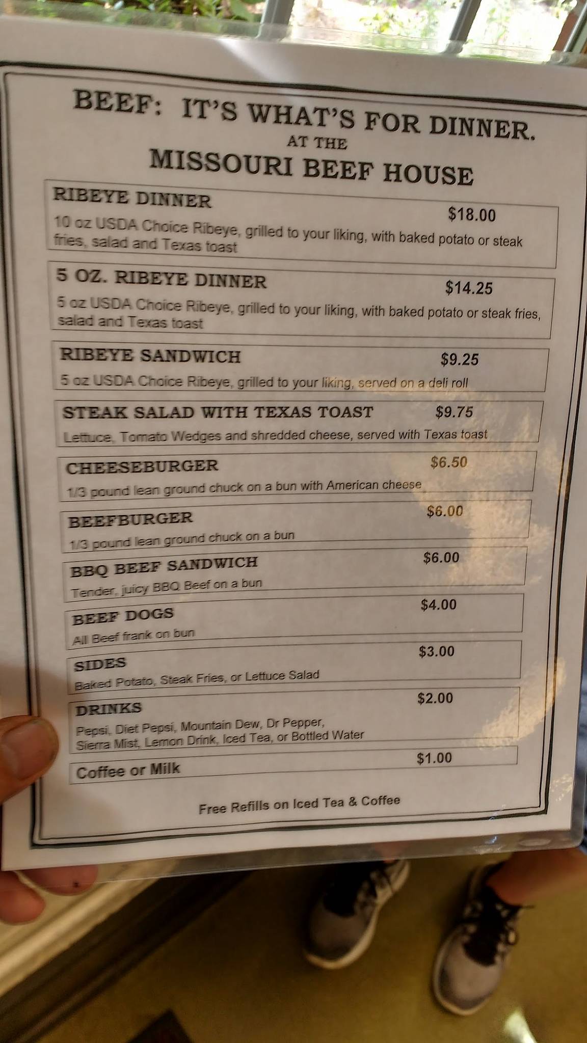 Menu at Missouri Beef House restaurant, Sedalia, 1 MO State Fairgrounds