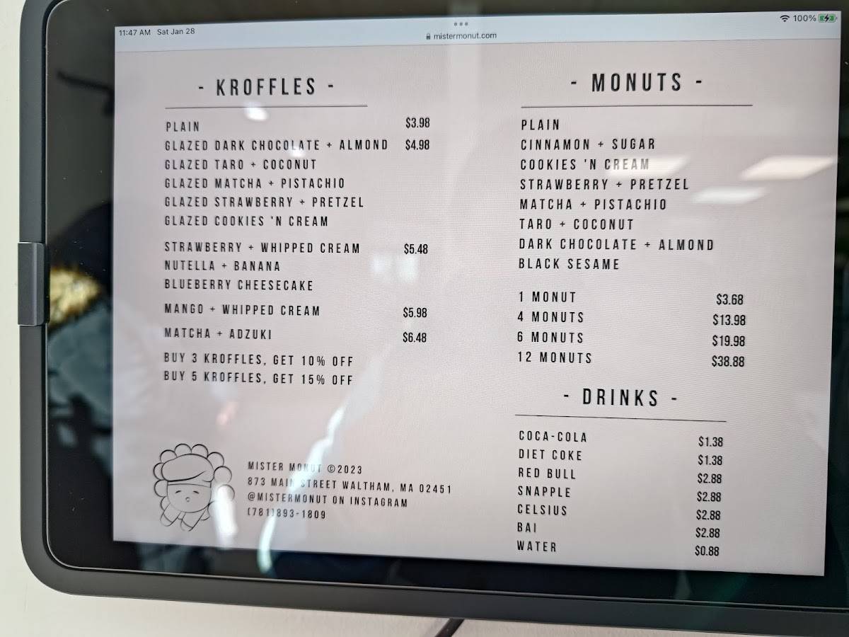 Menu at Mister Monut desserts, Waltham