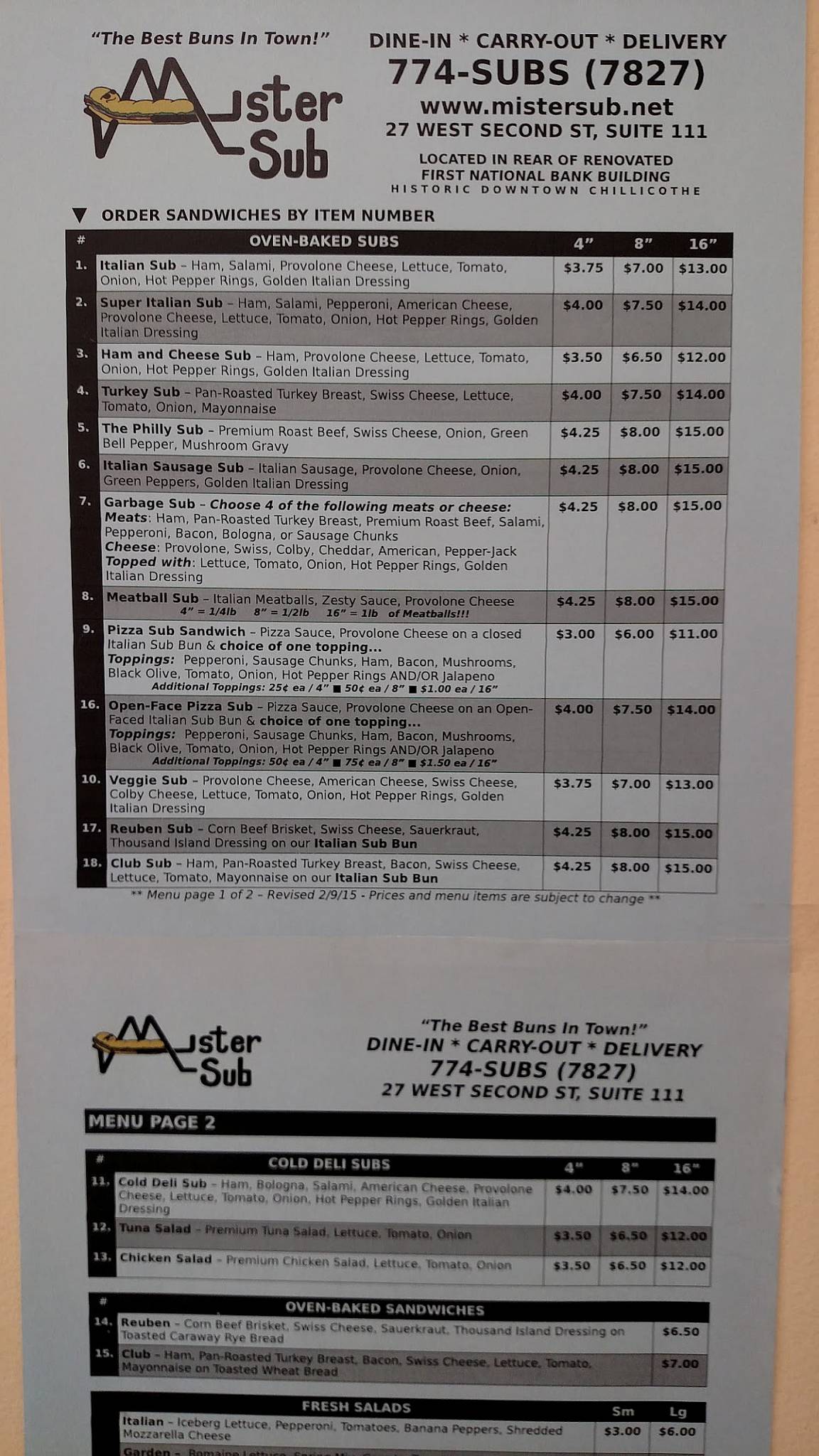 Menu at Mister Sub restaurant, Chillicothe, 543 E Main St