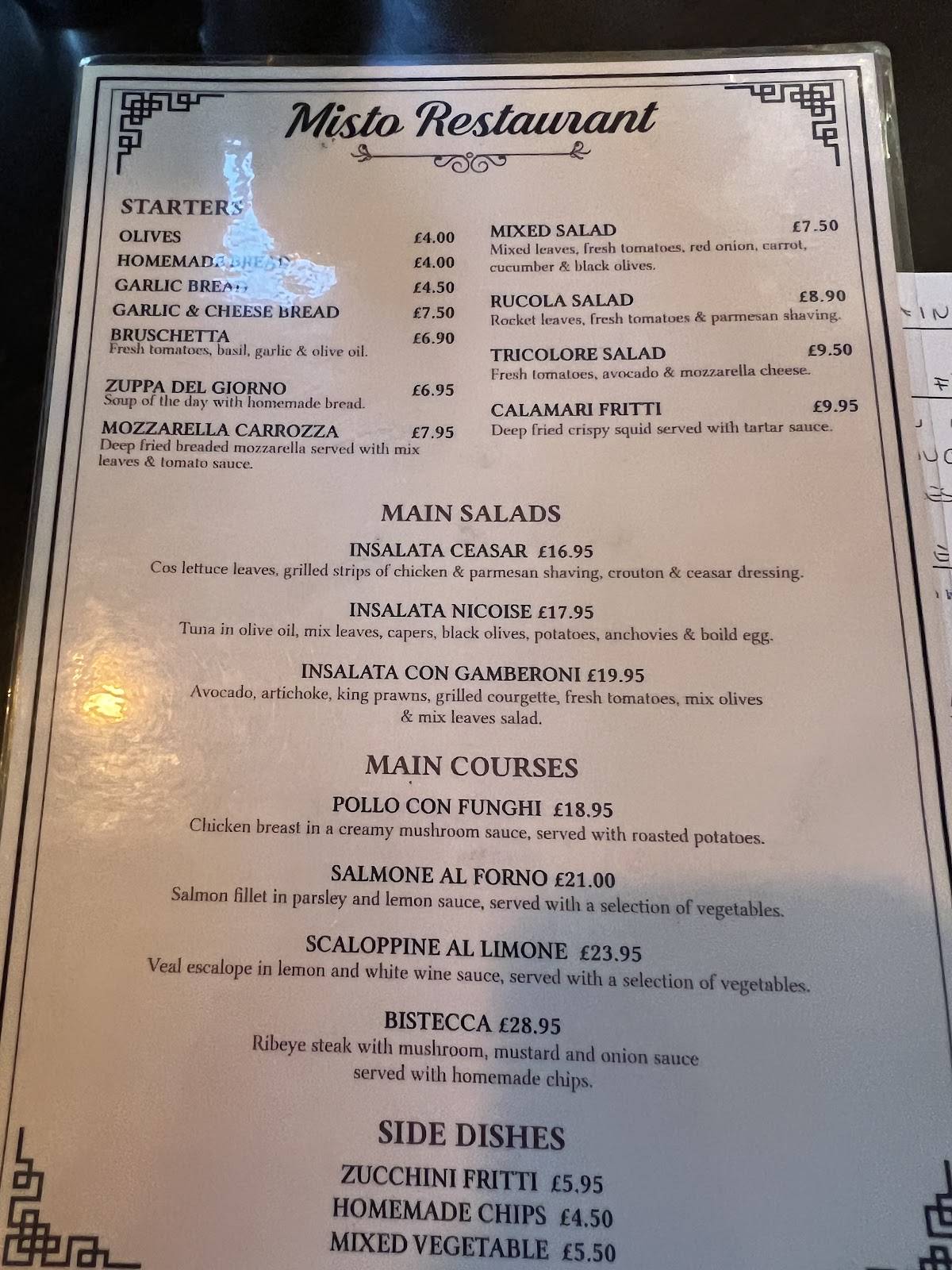 Menu at Misto restaurant, London, 7 Shepherd Market