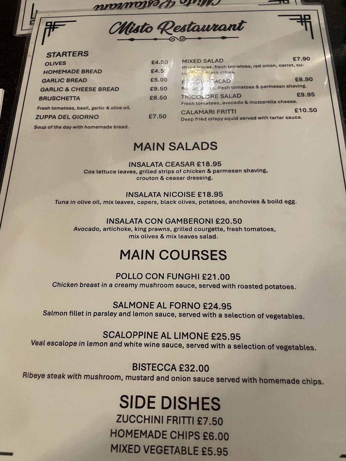 Menu at Misto restaurant, London, 7 Shepherd Market