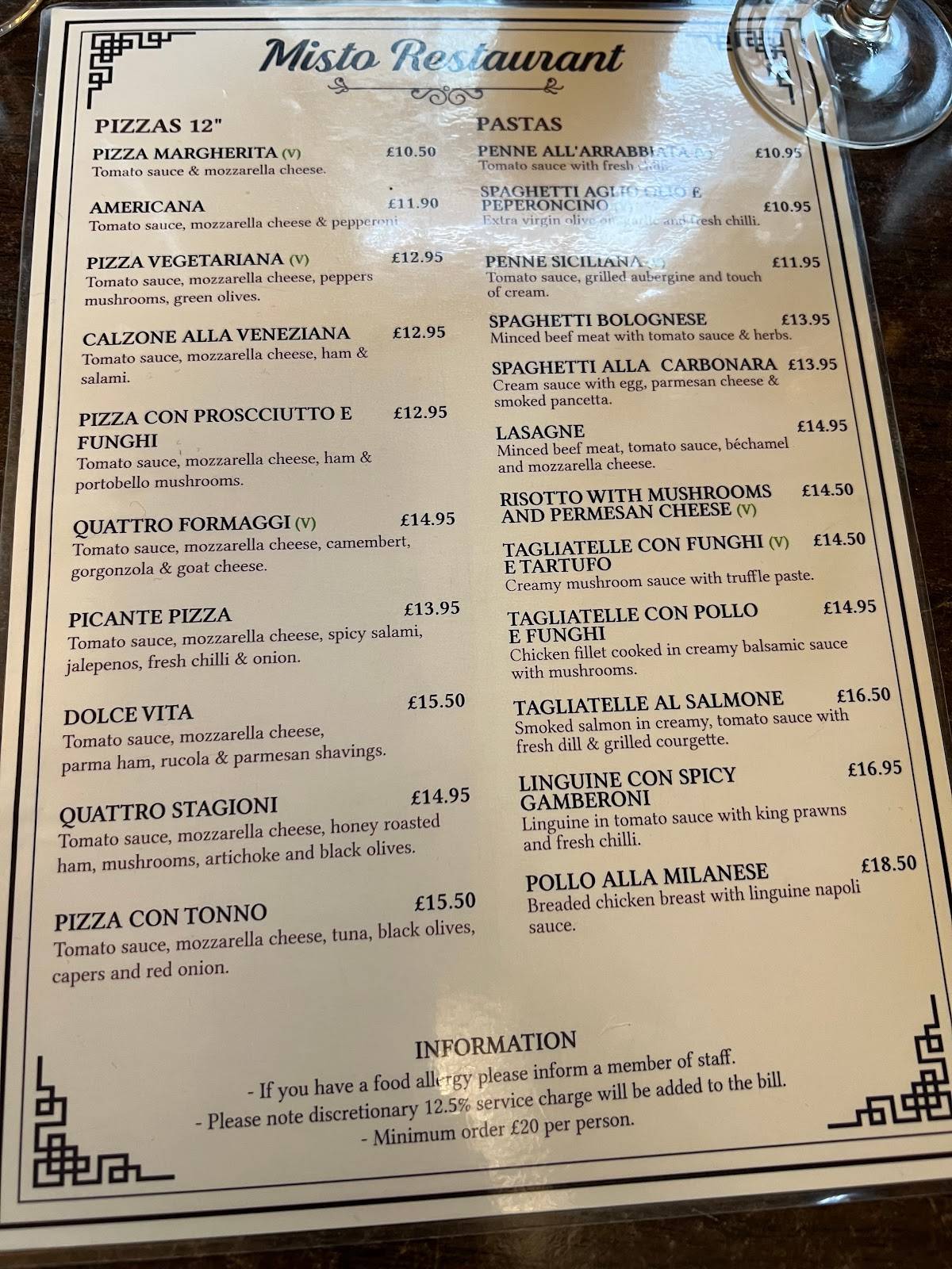 Menu at Misto restaurant, London, 7 Shepherd Market