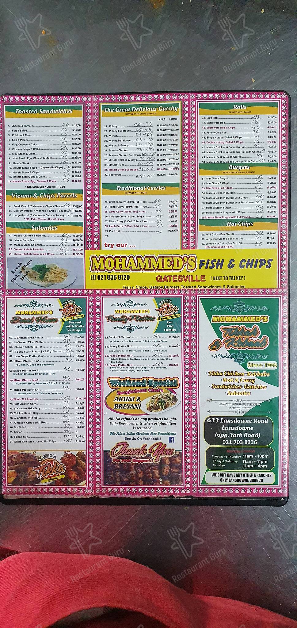 Menu at Mohammad's Tikka Kebab restaurant, Cape Town