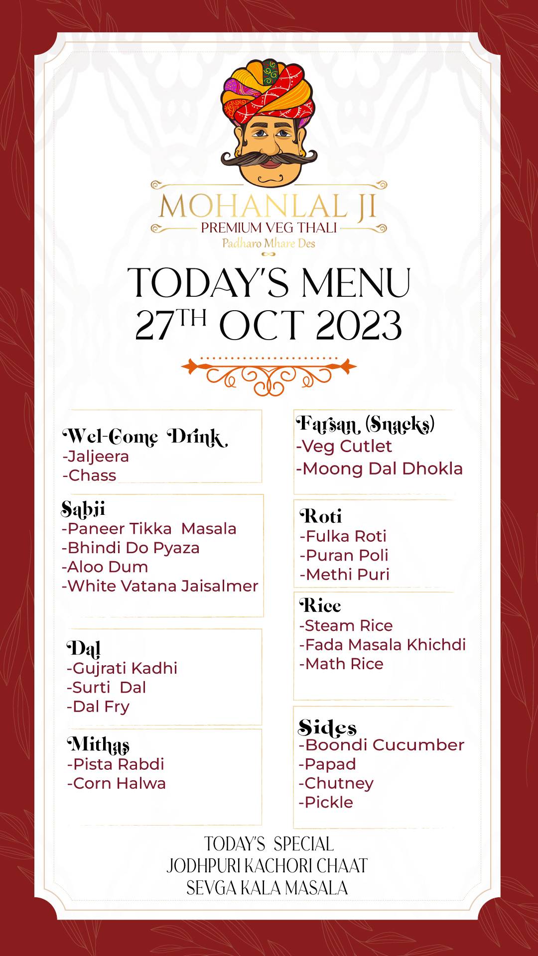 Menu at Mohanlal Ji Premium Veg Thali & Banquet, Nashik