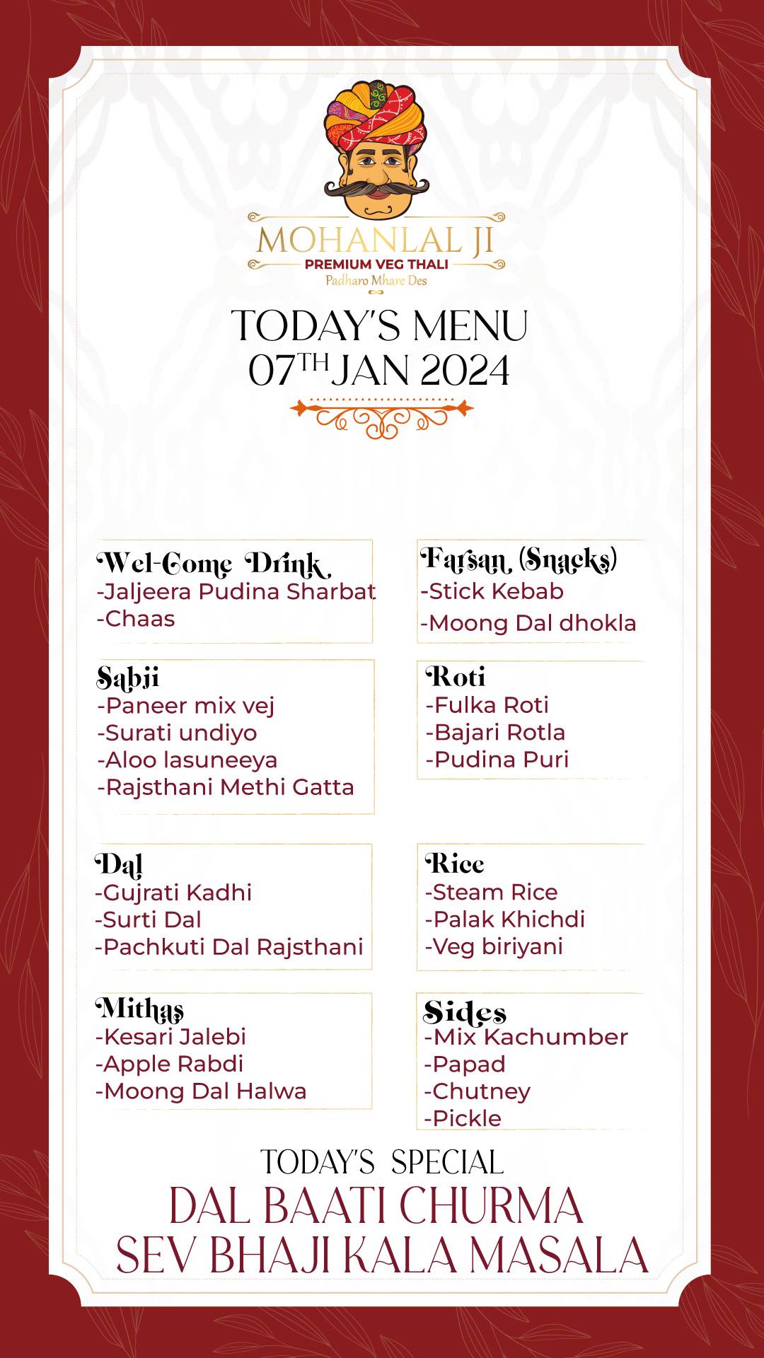 Menu at Mohanlal Ji Premium Veg Thali & Banquet, Nashik
