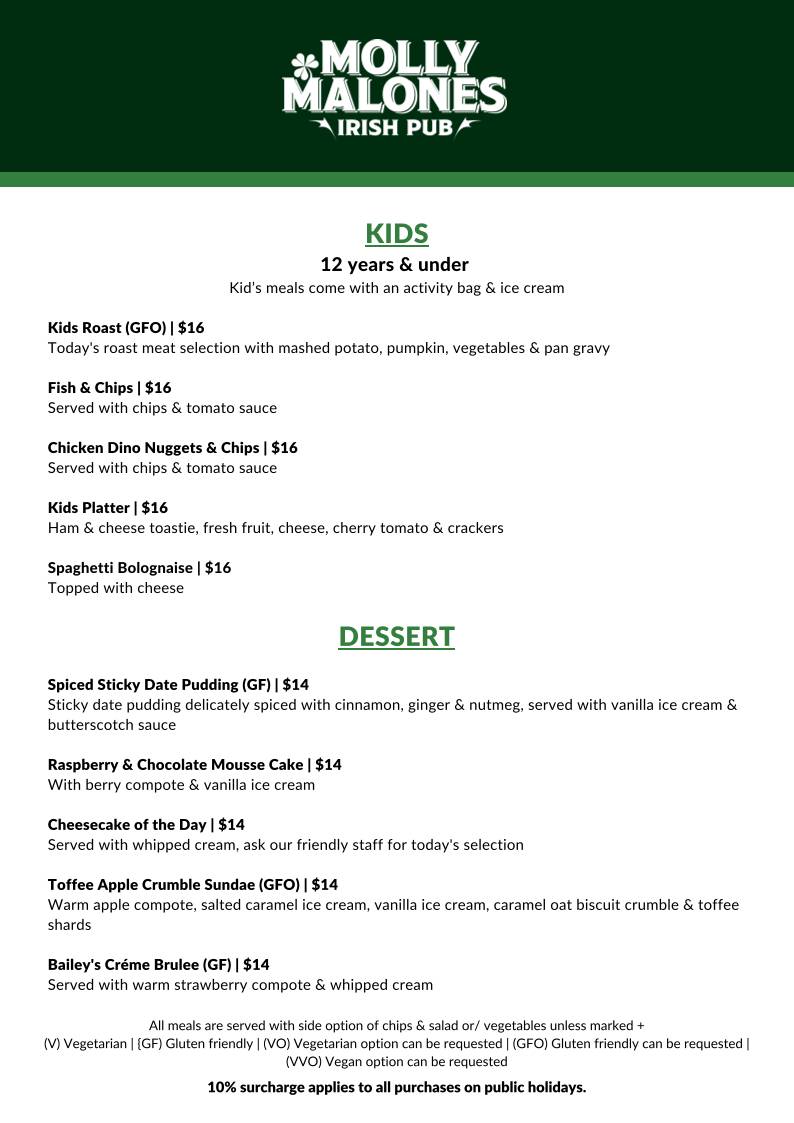Menu at Molly Malones Irish Pub, Devonport