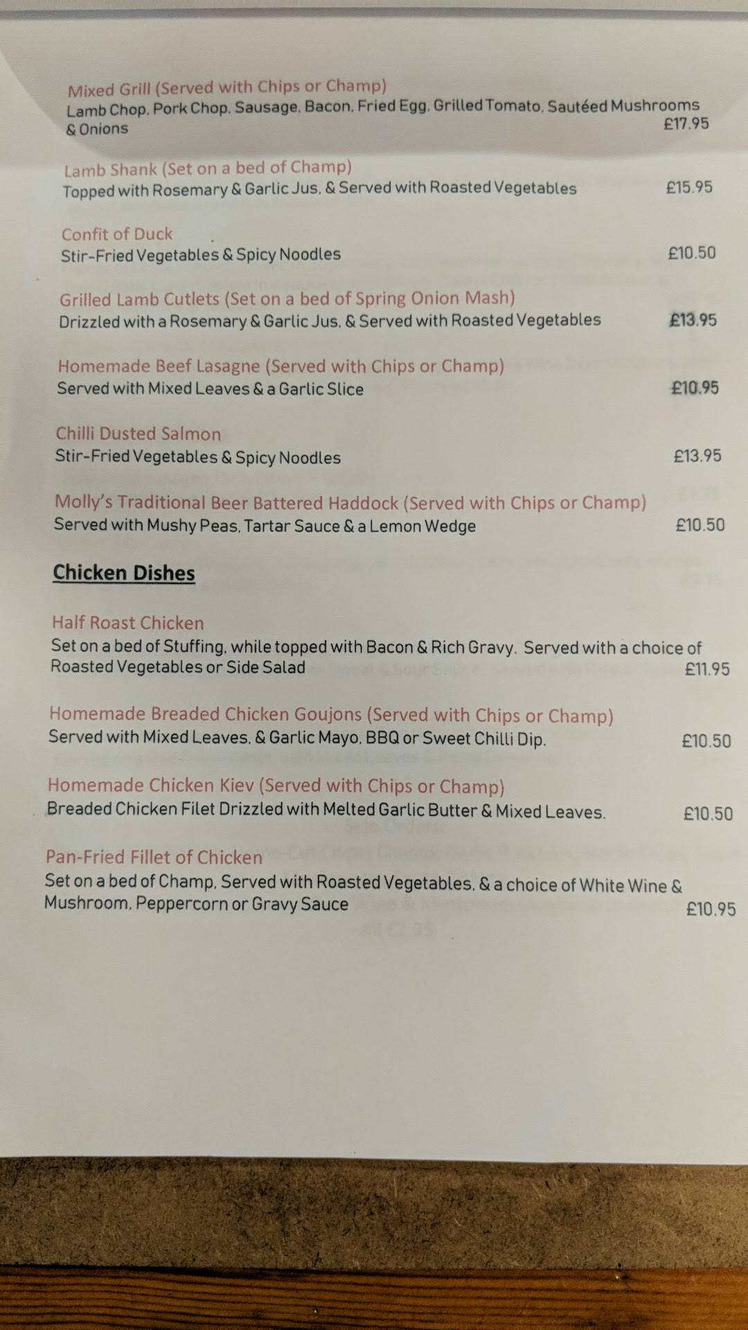 Menu at Molly's Bar, Irvinestown