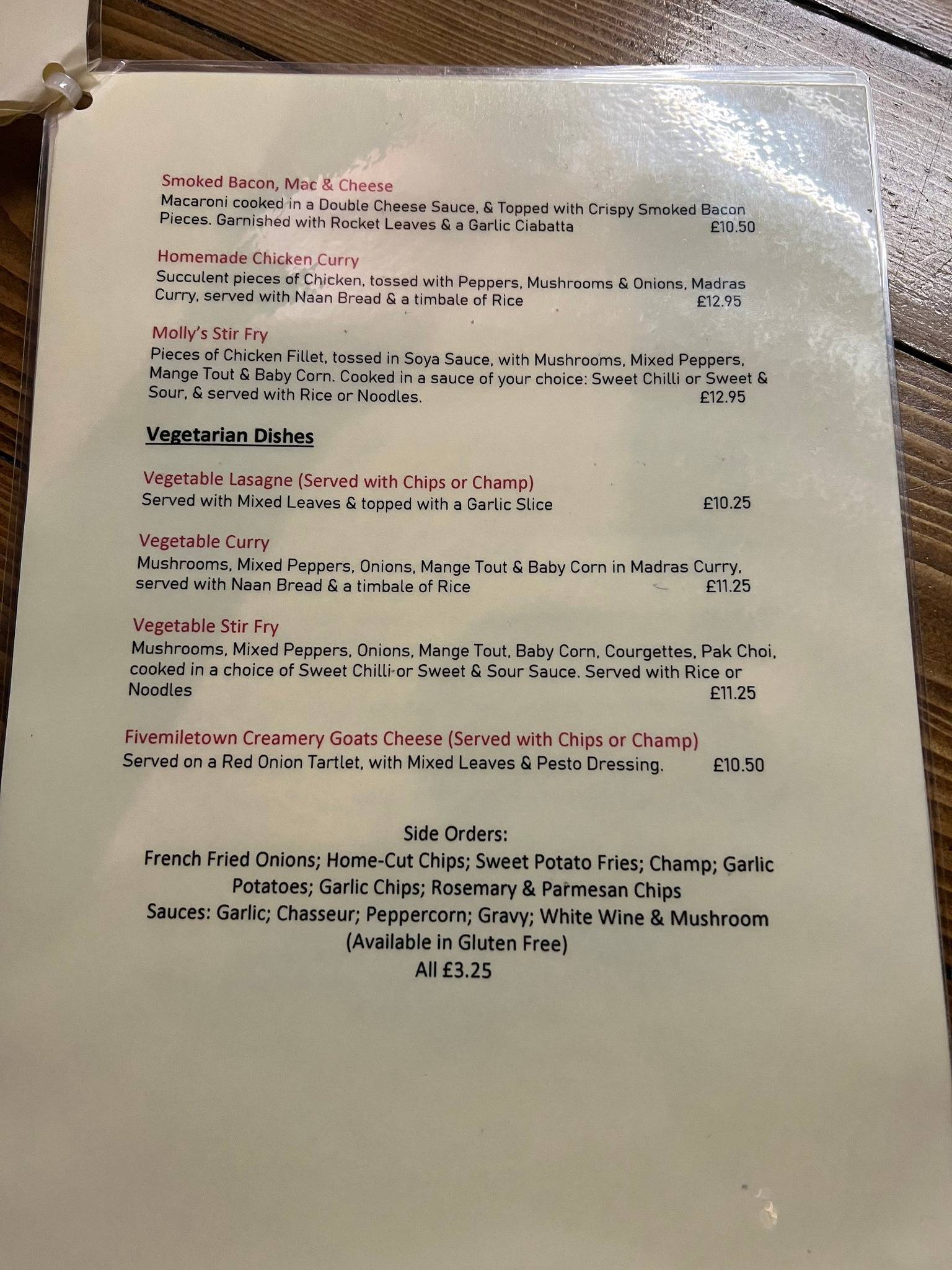Menu at Molly's Bar, Irvinestown