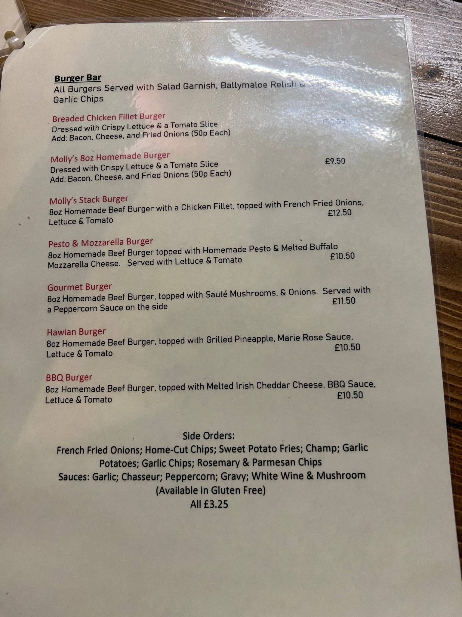 Menu at Molly's Bar, Irvinestown