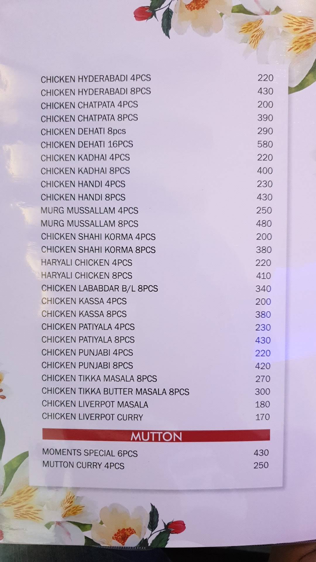 Menu at Moments Resort, Ranchi