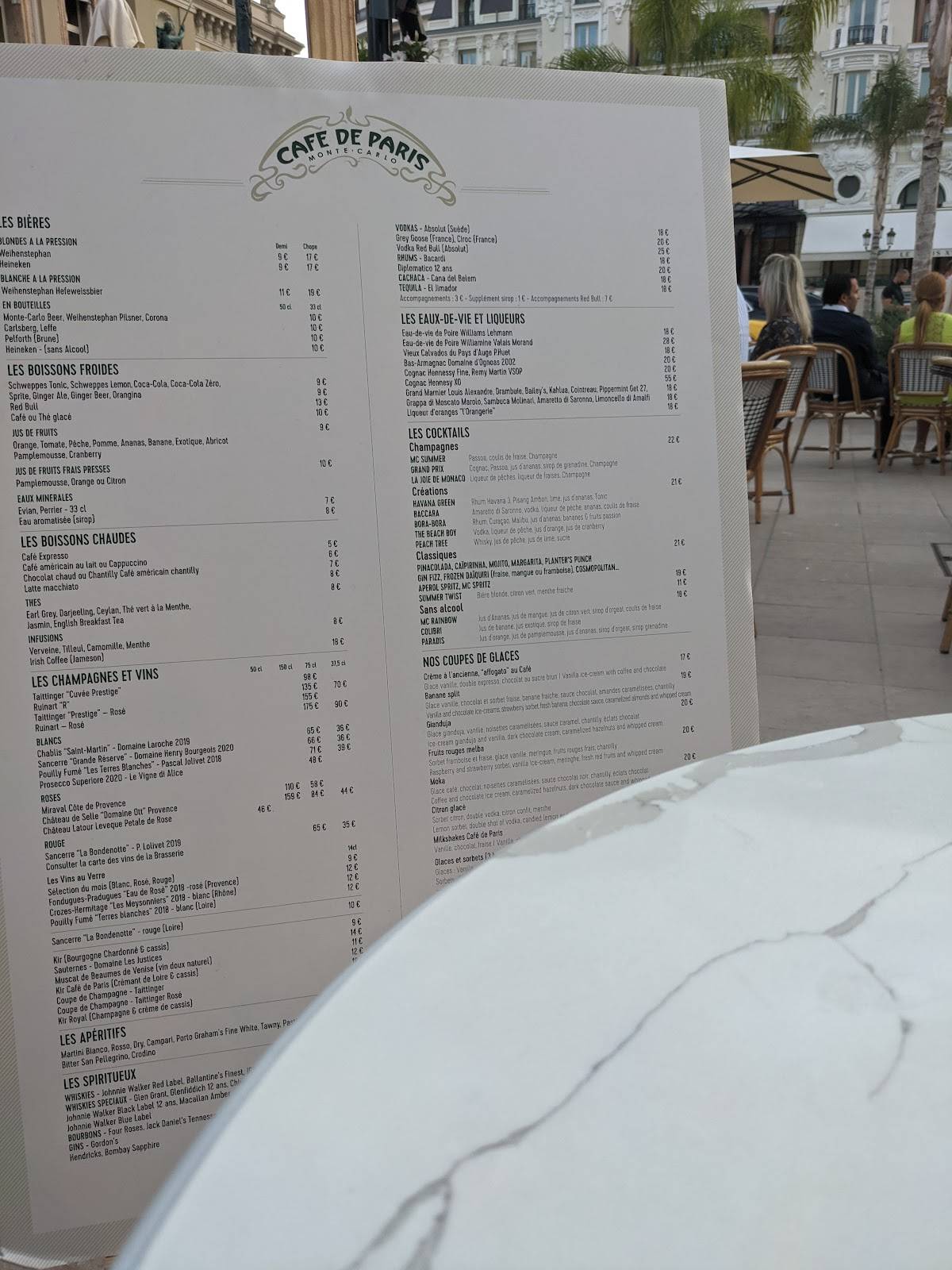 Menu au Café de Paris Monte-Carlo, Monaco