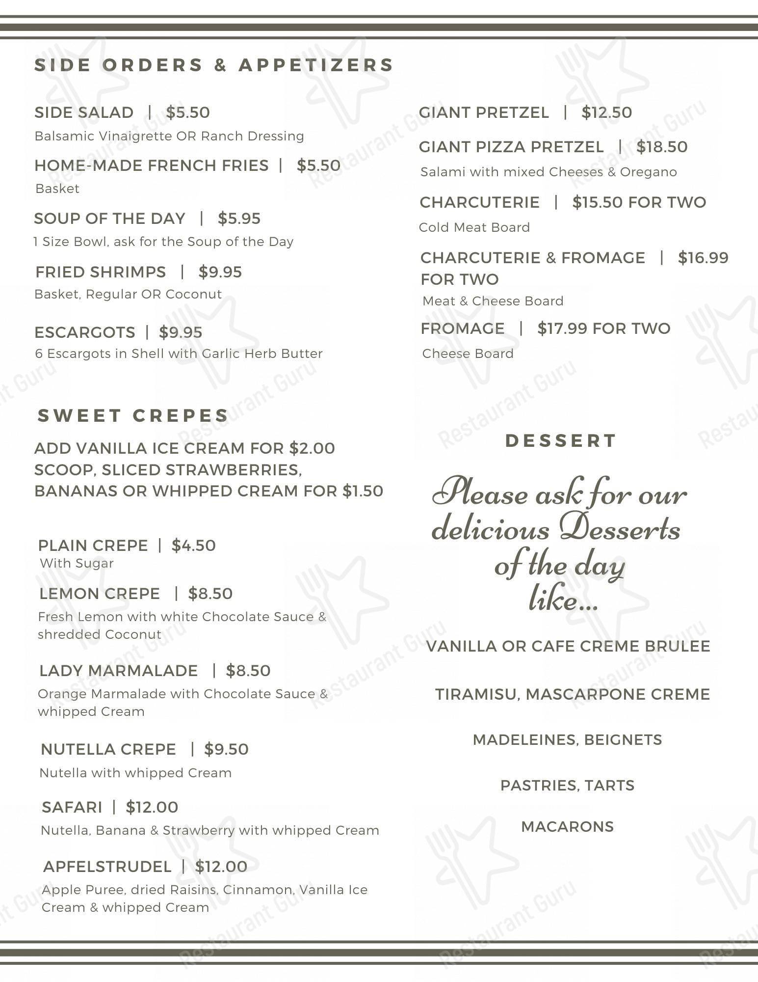 Menu at Mona’s French Café restaurant, Cypress