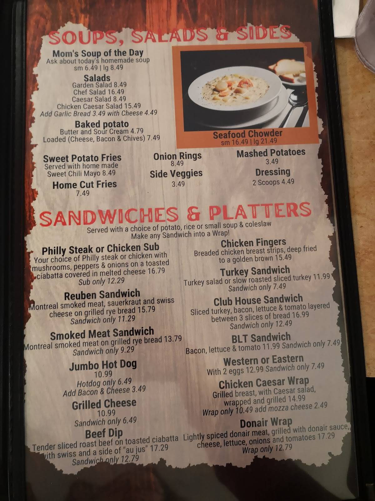 Menu at Jean's restaurant, Moncton, Mountain Rd