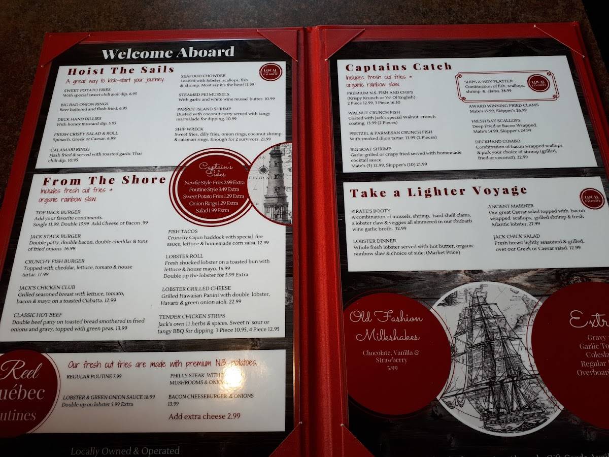 Menu at Skipper Jack's Maritime Restaurant, Moncton