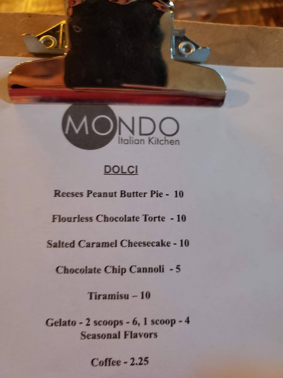 Menu at Mondo Italian Kitchen pizzeria, Milton