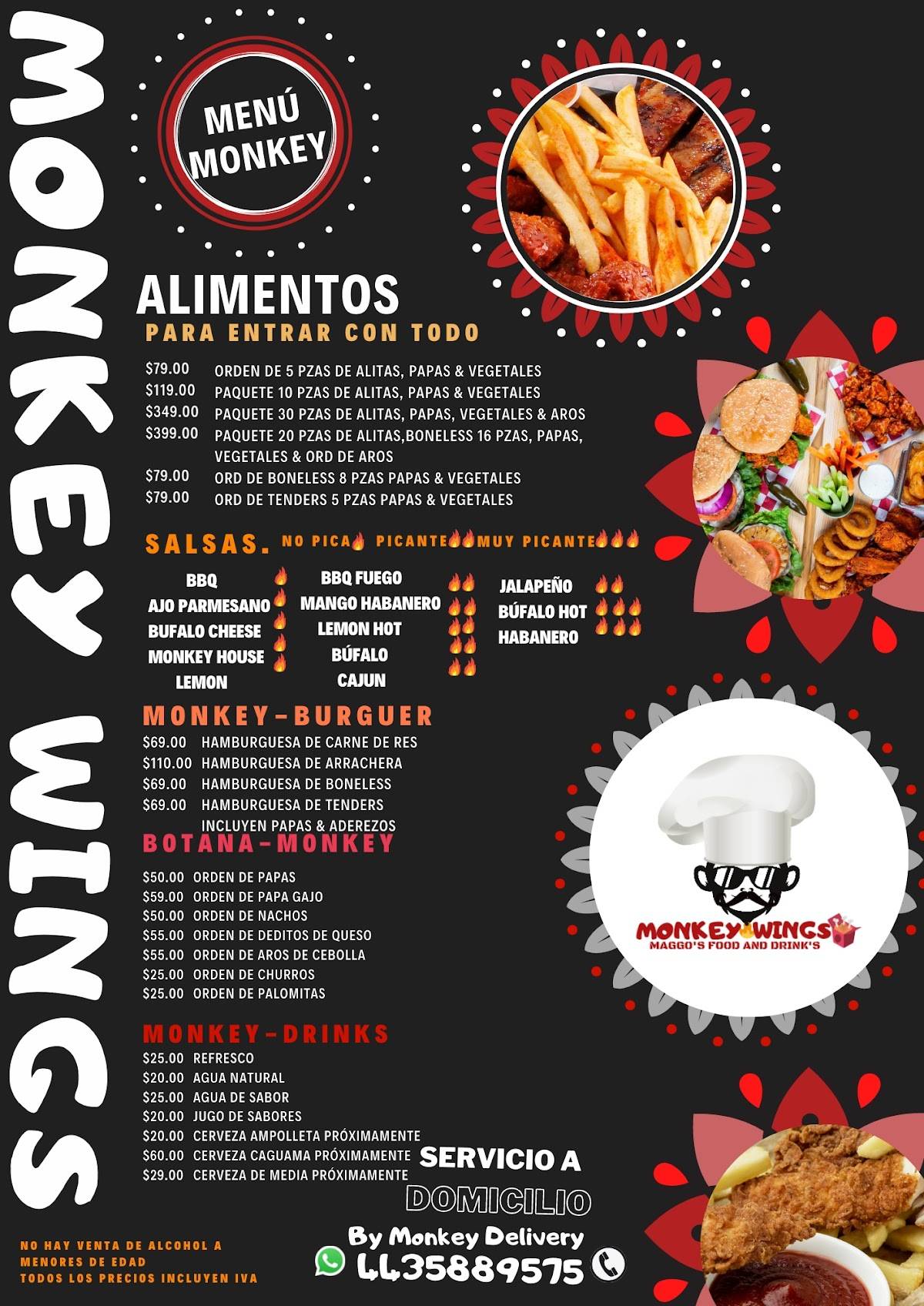 Menu at Monkey Wings restaurant, Morelia