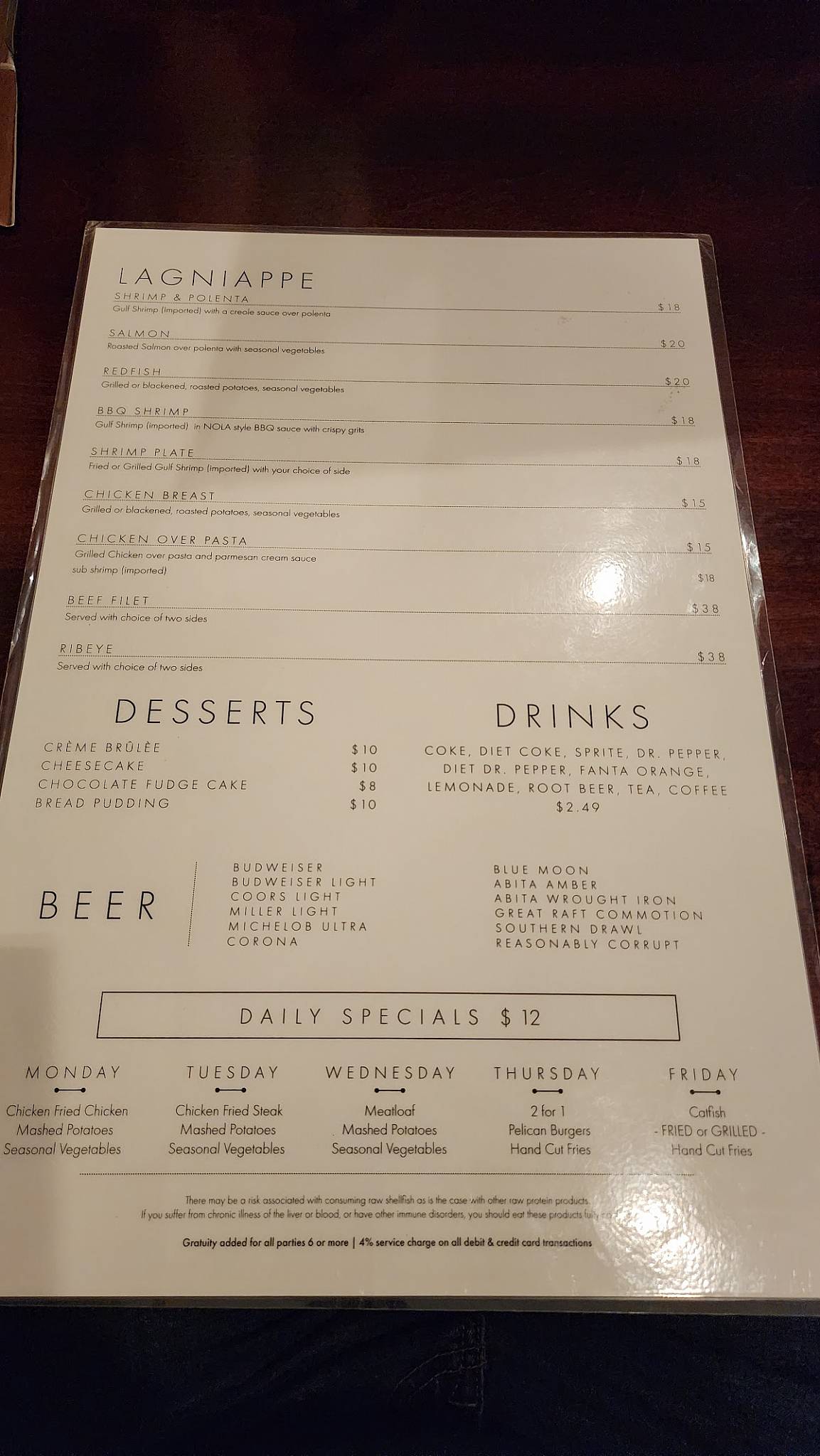 Menu at The Fat Pelican restaurant, Monroe